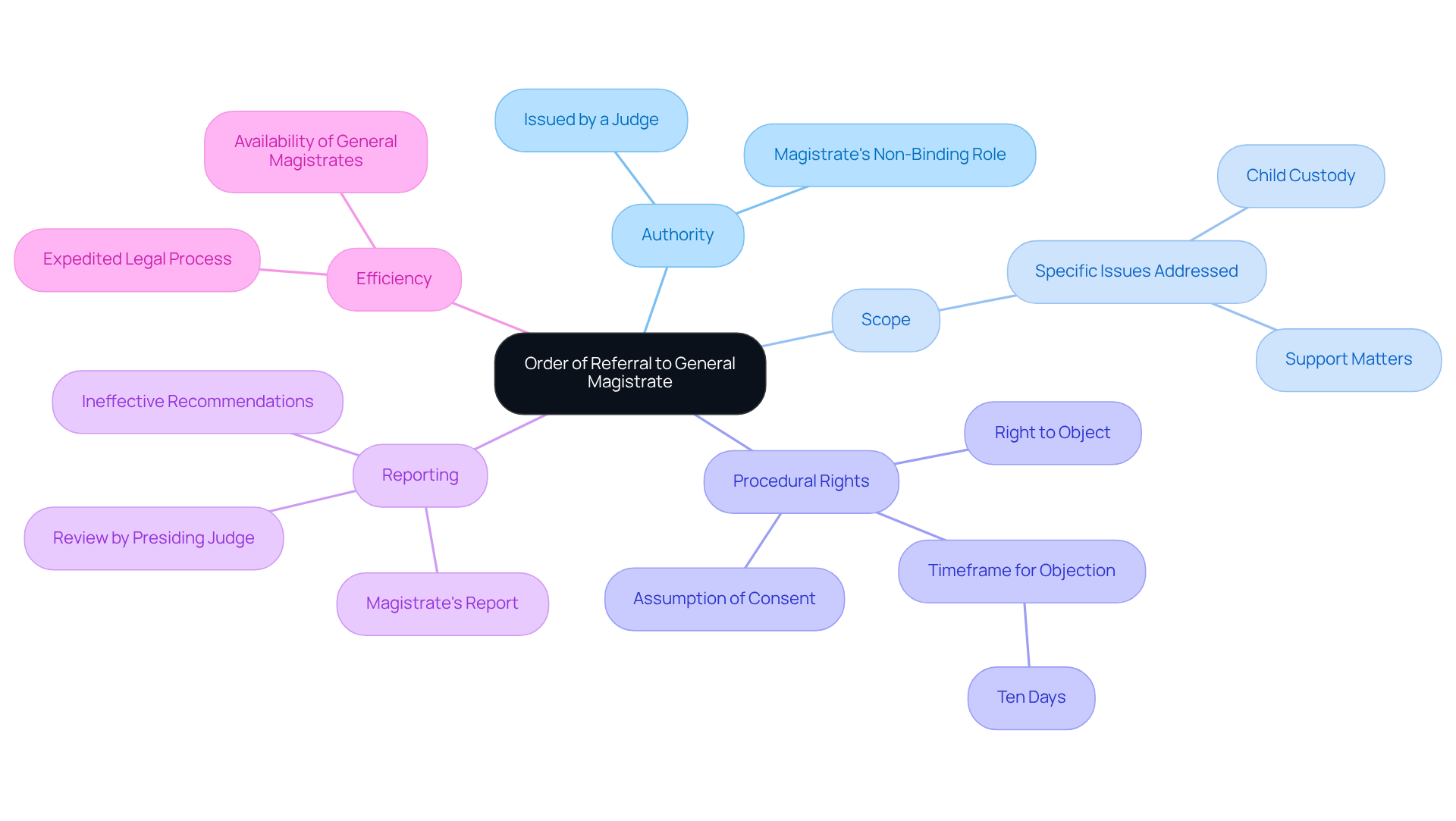 The central node represents the main topic, while each branch shows a key characteristic of the order. The sub-branches provide additional details, helping you understand how each characteristic contributes to the overall legal process.