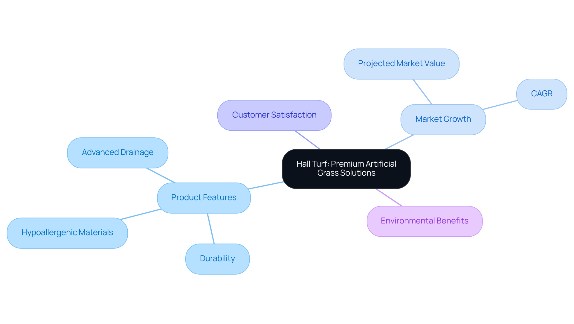 The central node represents Hall Turf's offerings, while the branches show different aspects like product features, market trends, and customer feedback. Each branch helps you understand how these elements contribute to the overall value of the product.