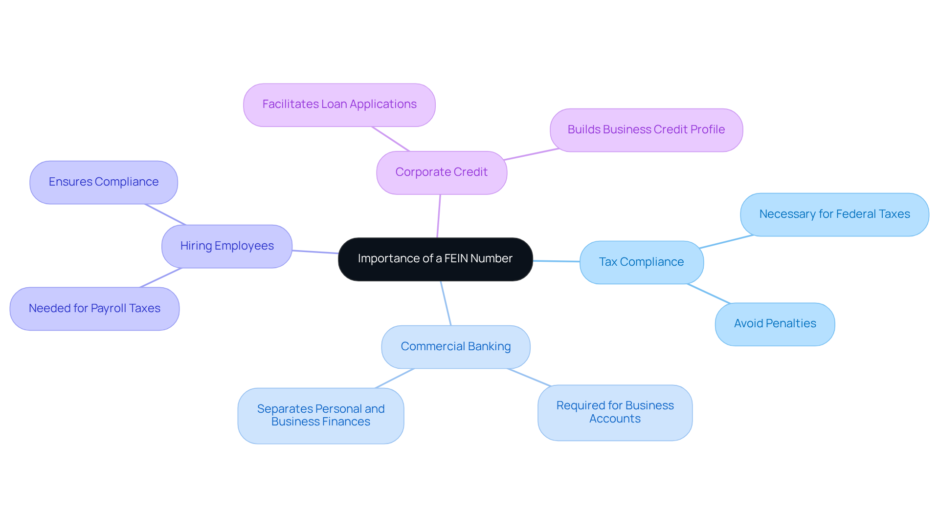 The central node represents the overall importance of a FEIN number, while each branch shows a specific benefit. Follow the branches to understand how each benefit contributes to your business's success.