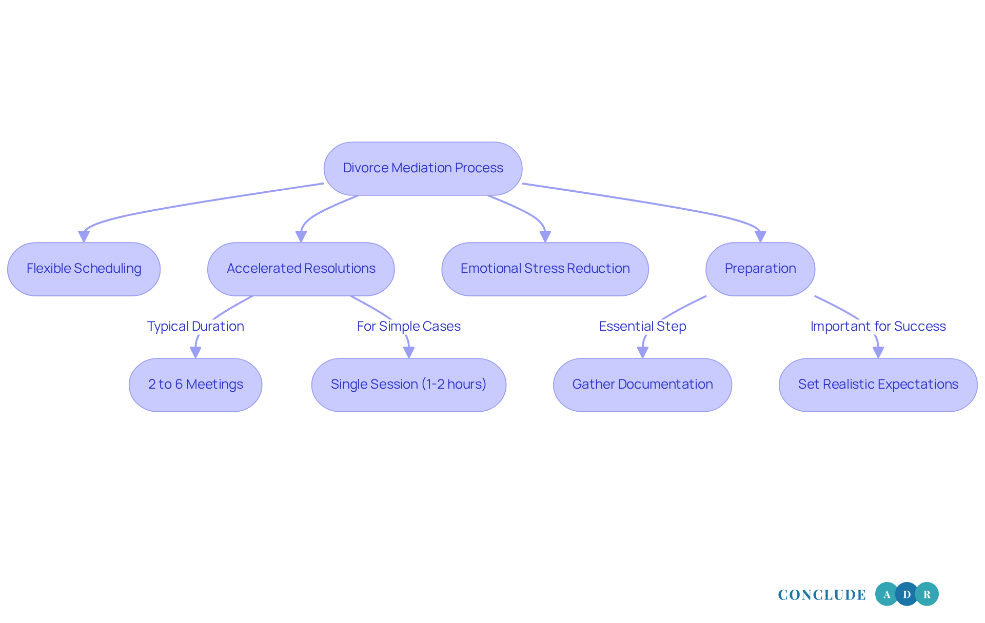 This flowchart outlines the steps and factors that contribute to an efficient divorce mediation process. Follow the arrows to see how flexibility, preparation, and emotional support work together for a smoother resolution.