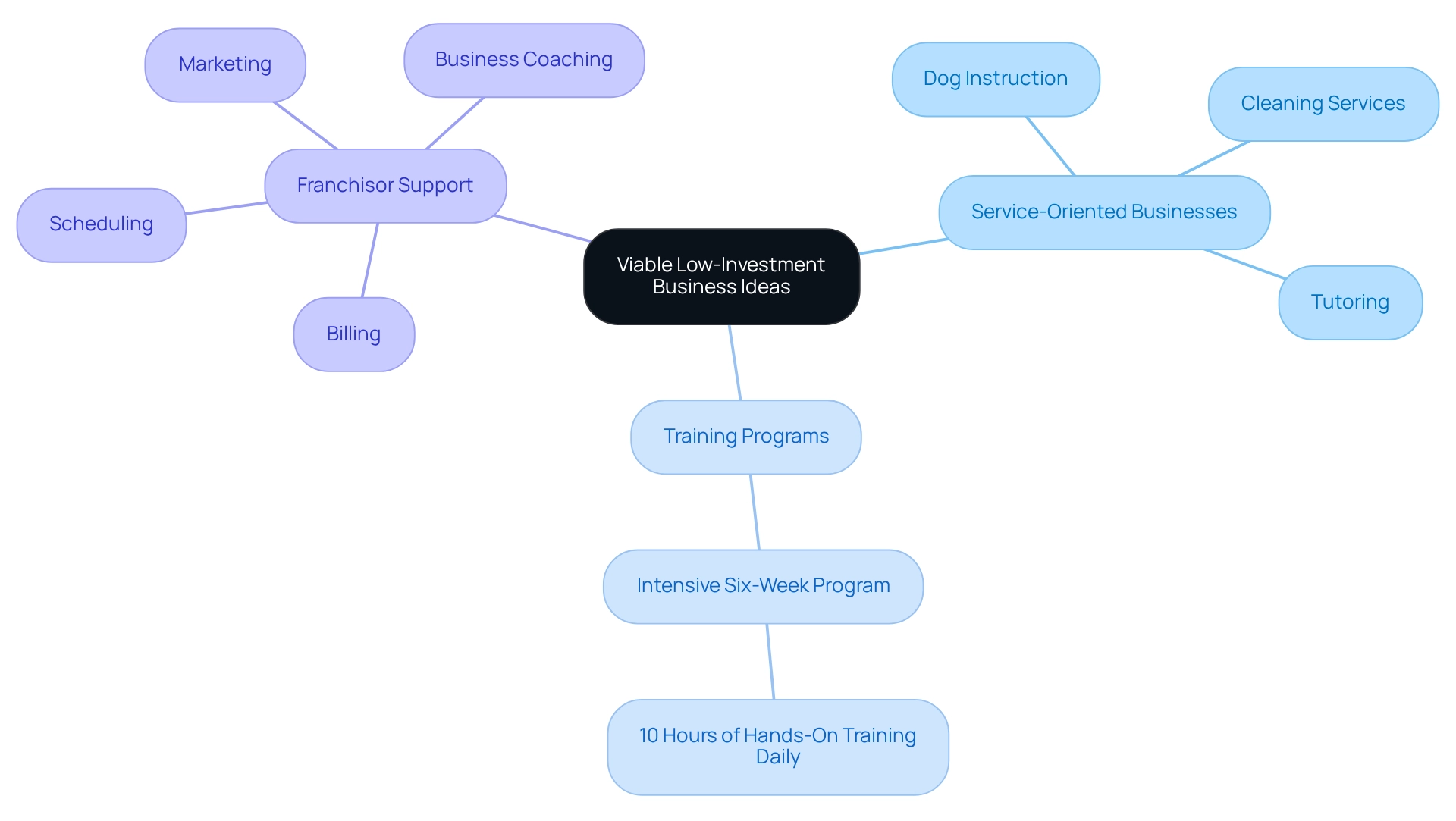 The central node represents the overall theme, with branches for service categories, training, and support, each color-coded for clarity.