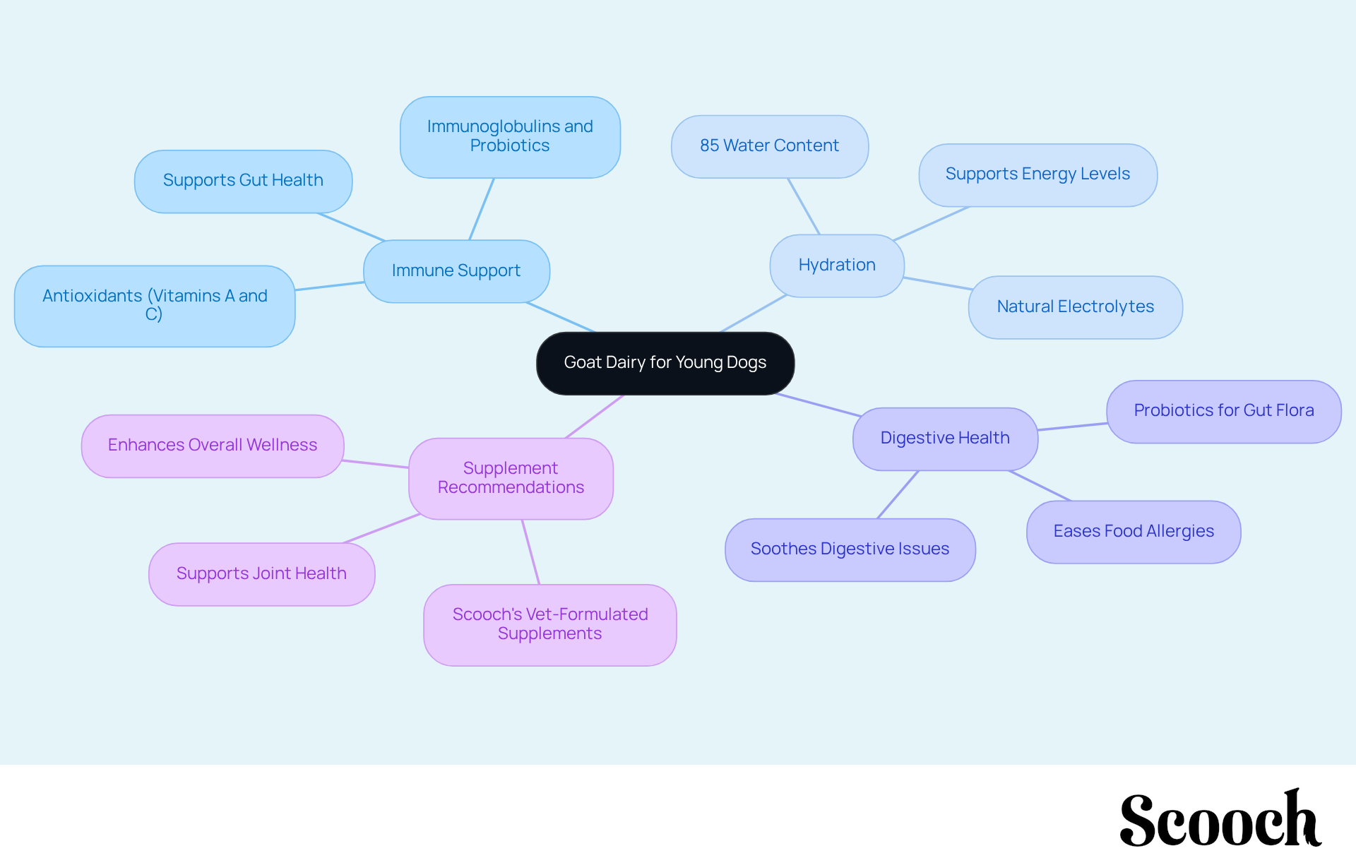 The center represents the main topic, while the branches show different health benefits. Each sub-branch provides more details, helping you understand how goat dairy can support your puppy's growth and health. The center represents the main topic, while the branches show different health benefits. Each sub-branch provides more details, helping you understand how goat dairy can support your puppy's growth and health.