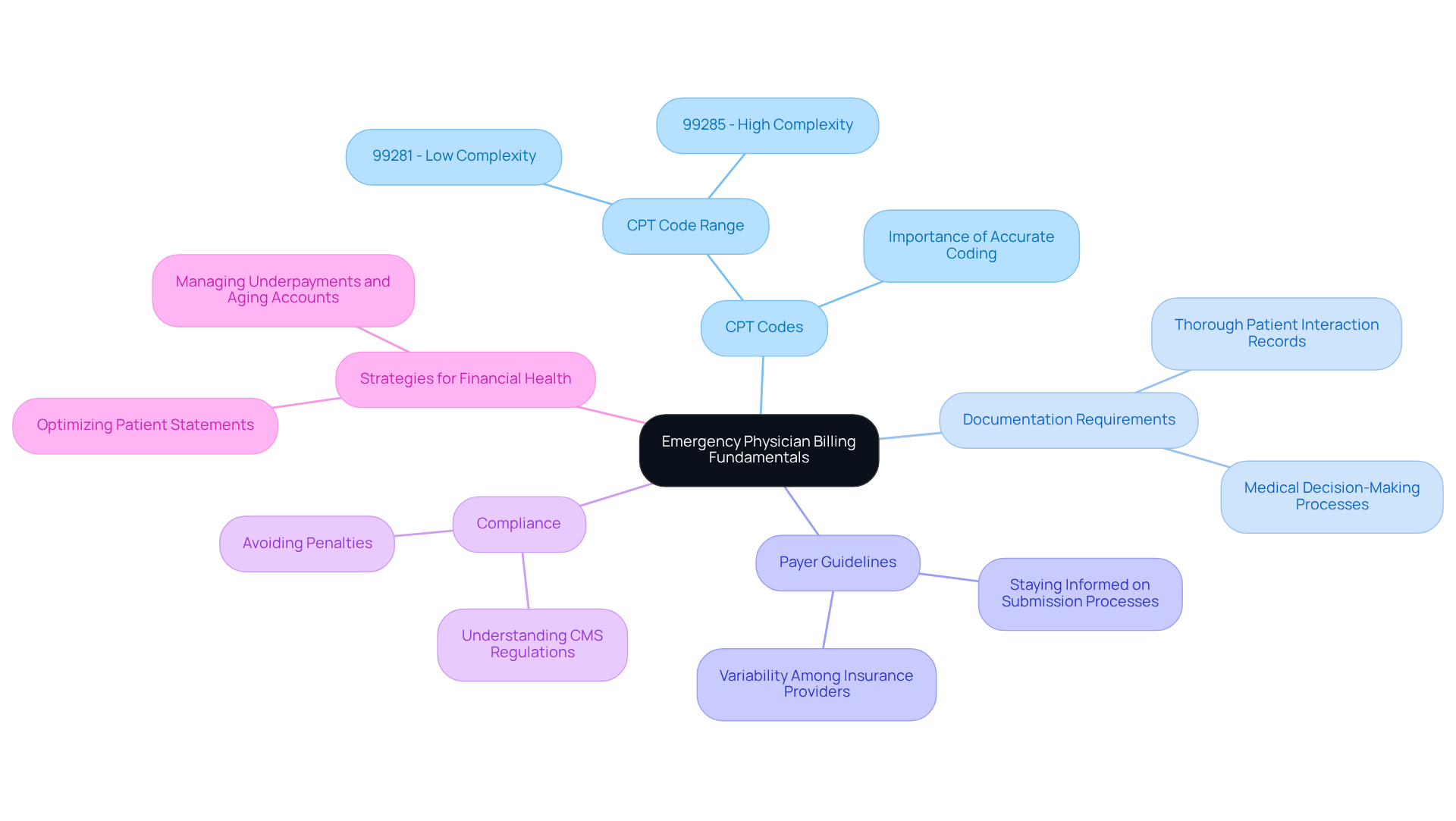 The central node represents the main topic of emergency physician billing. Each branch shows a key component that contributes to understanding the billing process. Follow the branches to see how each component relates to the overall theme.