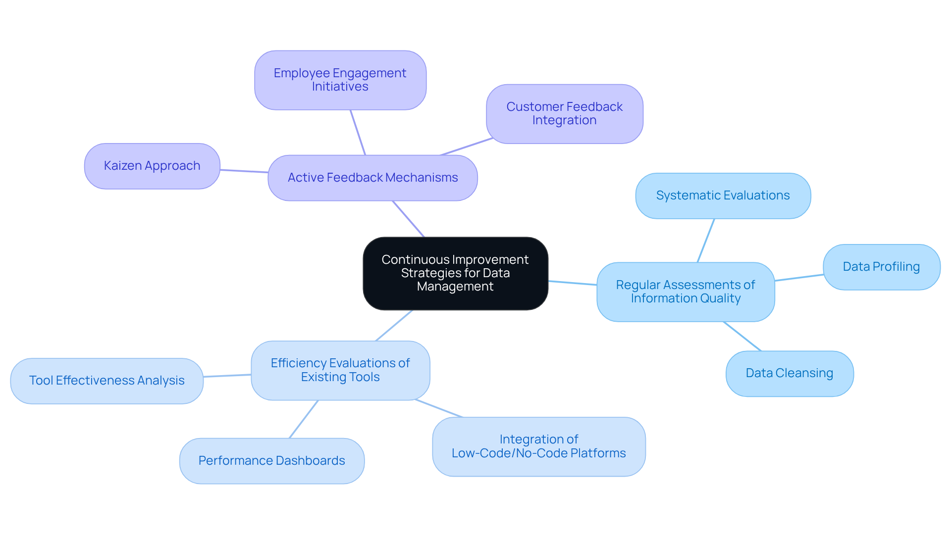 The central node represents the main strategy, while the branches show the key components that contribute to improving data management. Each sub-branch provides specific actions or examples related to that component.