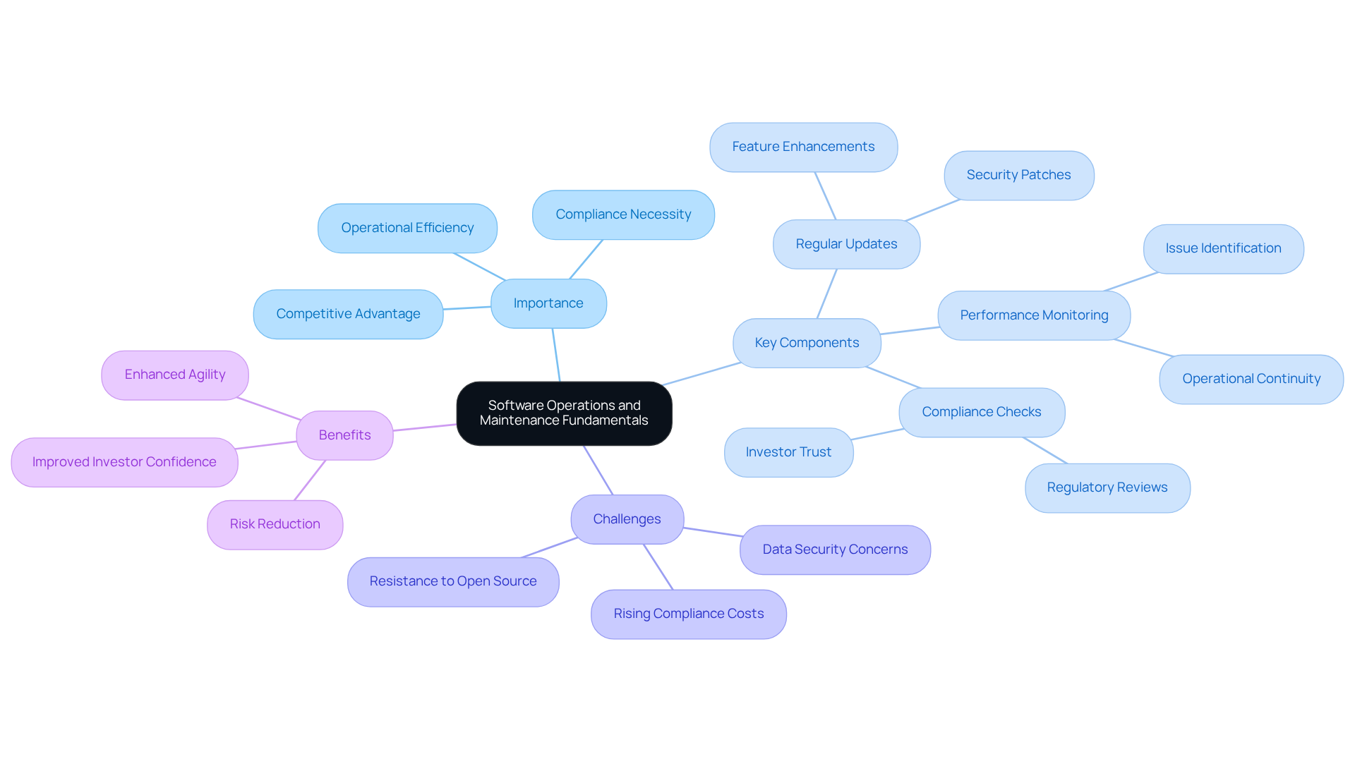 This mindmap starts with the core idea in the center and branches out to show the key components and their significance. Each branch represents a different aspect of software operations, helping you see how they connect and contribute to overall efficiency.