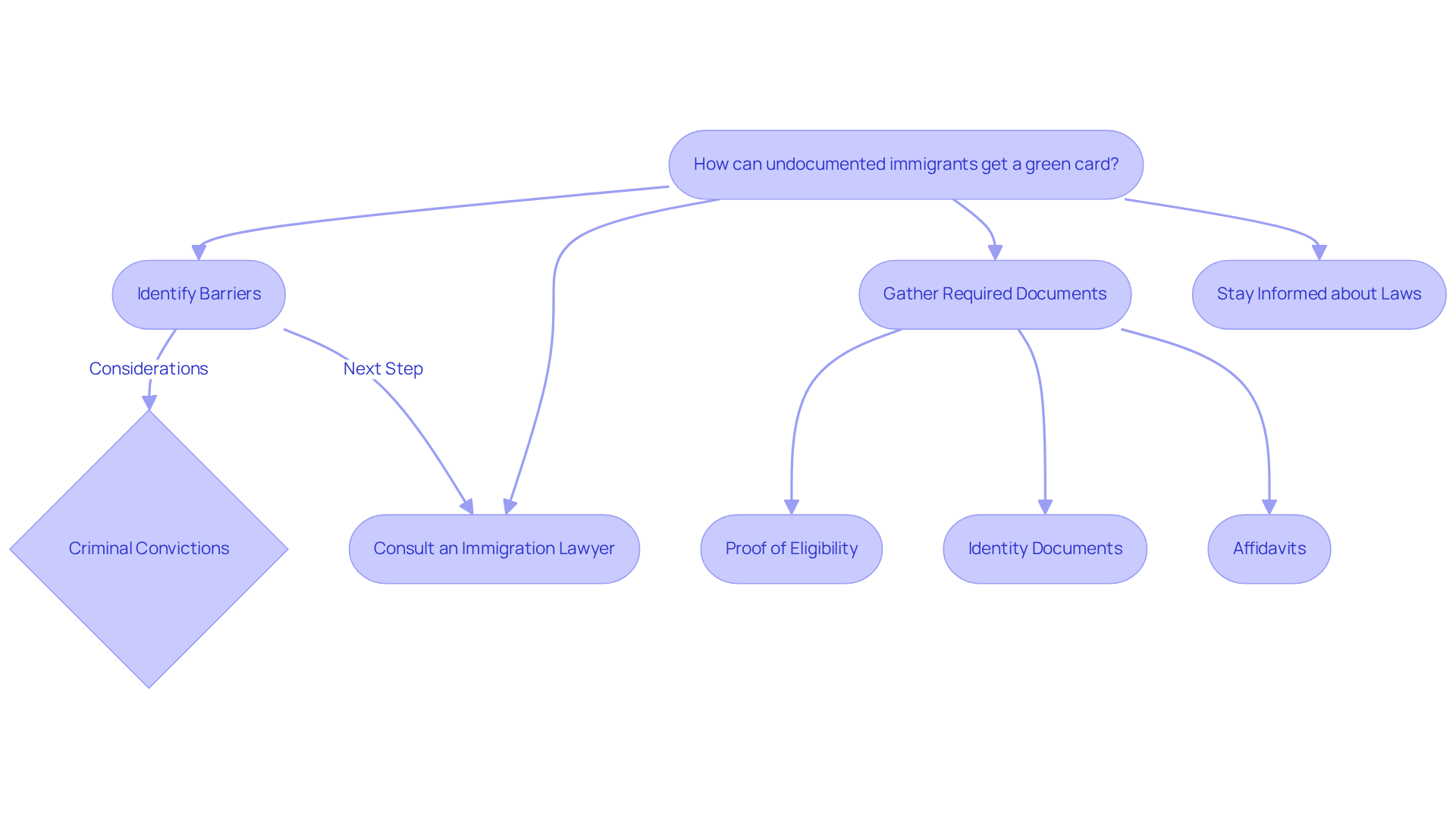 This flowchart guides you through the steps to apply for a green card as an undocumented immigrant. Each box represents a key step or consideration, and the arrows show the order in which you should tackle them. Follow the path to understand how to overcome barriers and successfully apply for residency.