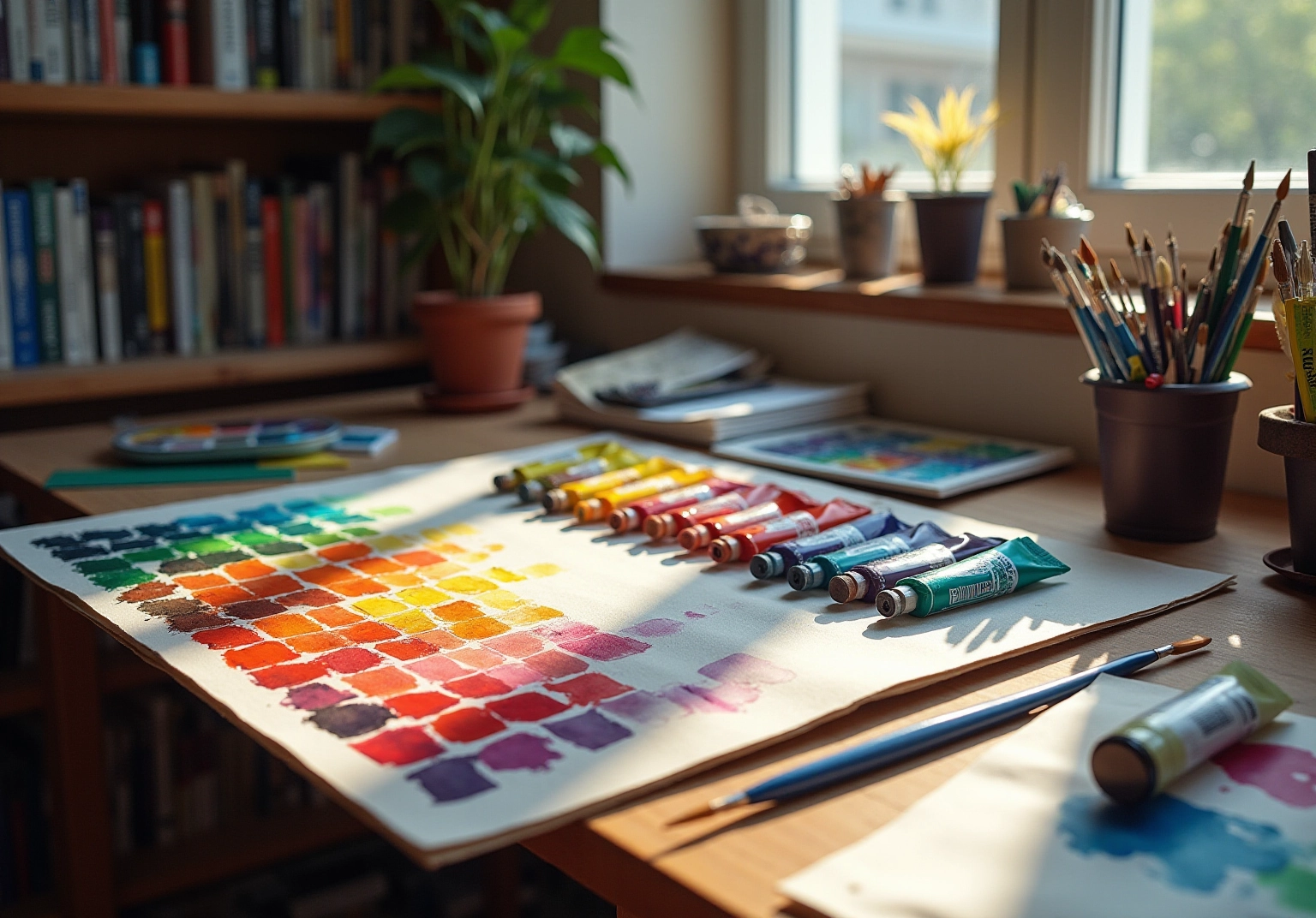 Evaluating Watercolor Paints in an Artist's Workspace Evaluating Watercolor Paints in an Artist's Workspace