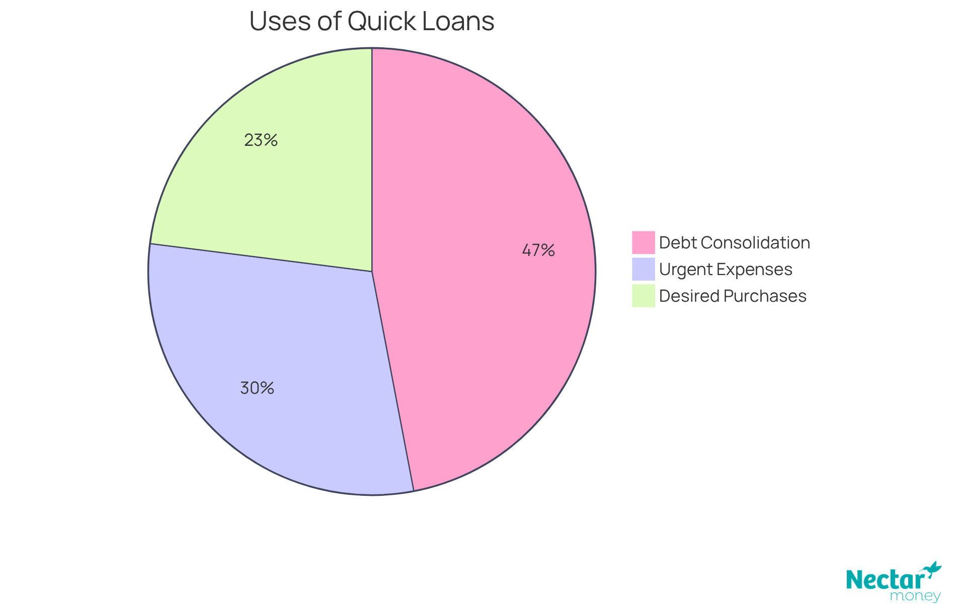Each segment of the pie chart shows how borrowers use quick cash loans. The larger the segment, the more common that use is among borrowers. For example, the debt consolidation segment represents 47% of borrowers, indicating it's a popular reason for seeking these loans. Each segment of the pie chart shows how borrowers use quick cash loans. The larger the segment, the more common that use is among borrowers. For example, the debt consolidation segment represents 47% of borrowers, indicating it's a popular reason for seeking these loans.
