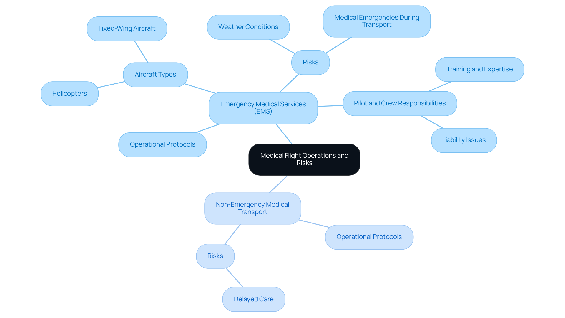 This mindmap starts with the central theme of medical flight operations. Each branch represents a different aspect of the topic, such as types of services and associated risks. Follow the branches to explore how these elements connect and impact patient safety during medical flights.