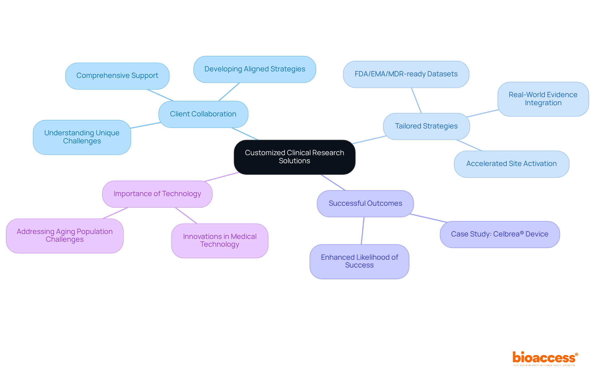 The central node represents the main theme of customized solutions, while the branches show how this theme is supported by collaboration, strategies, and successful outcomes. Each color-coded branch helps you navigate through the different aspects of the approach.