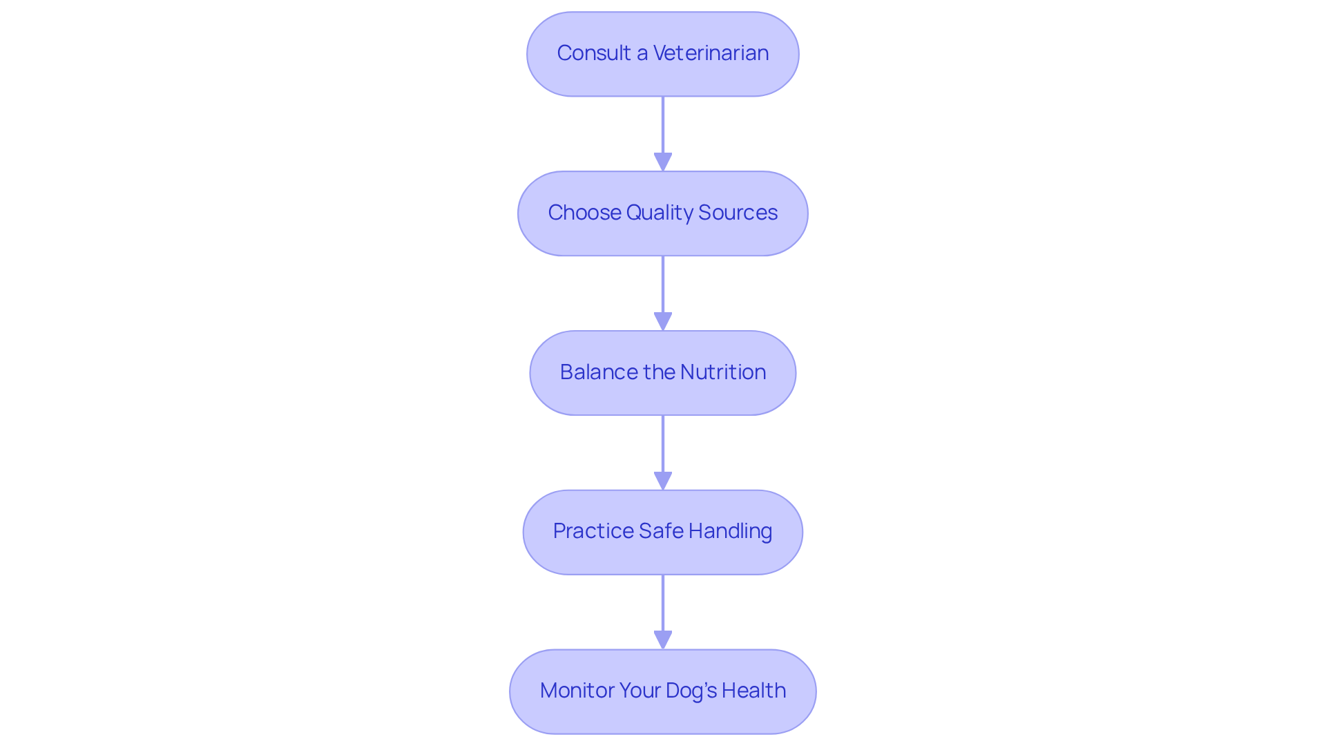 Each box represents a guideline to ensure your dog's safety and health when incorporating raw beef into their diet. Follow the arrows to see the order in which to implement these important steps.