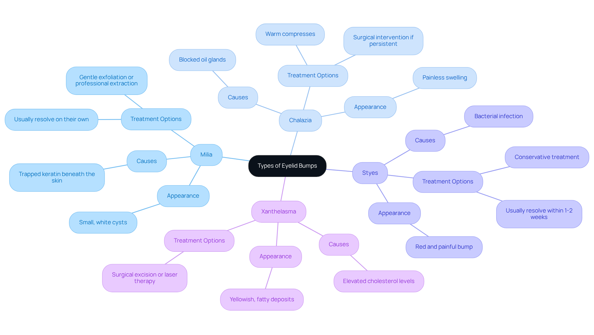 This mindmap helps you explore the different types of bumps that can appear on eyelids. Each branch represents a type of bump, and the sub-branches provide more details about what they look like and how they can affect health. Follow the branches to learn more about each type!