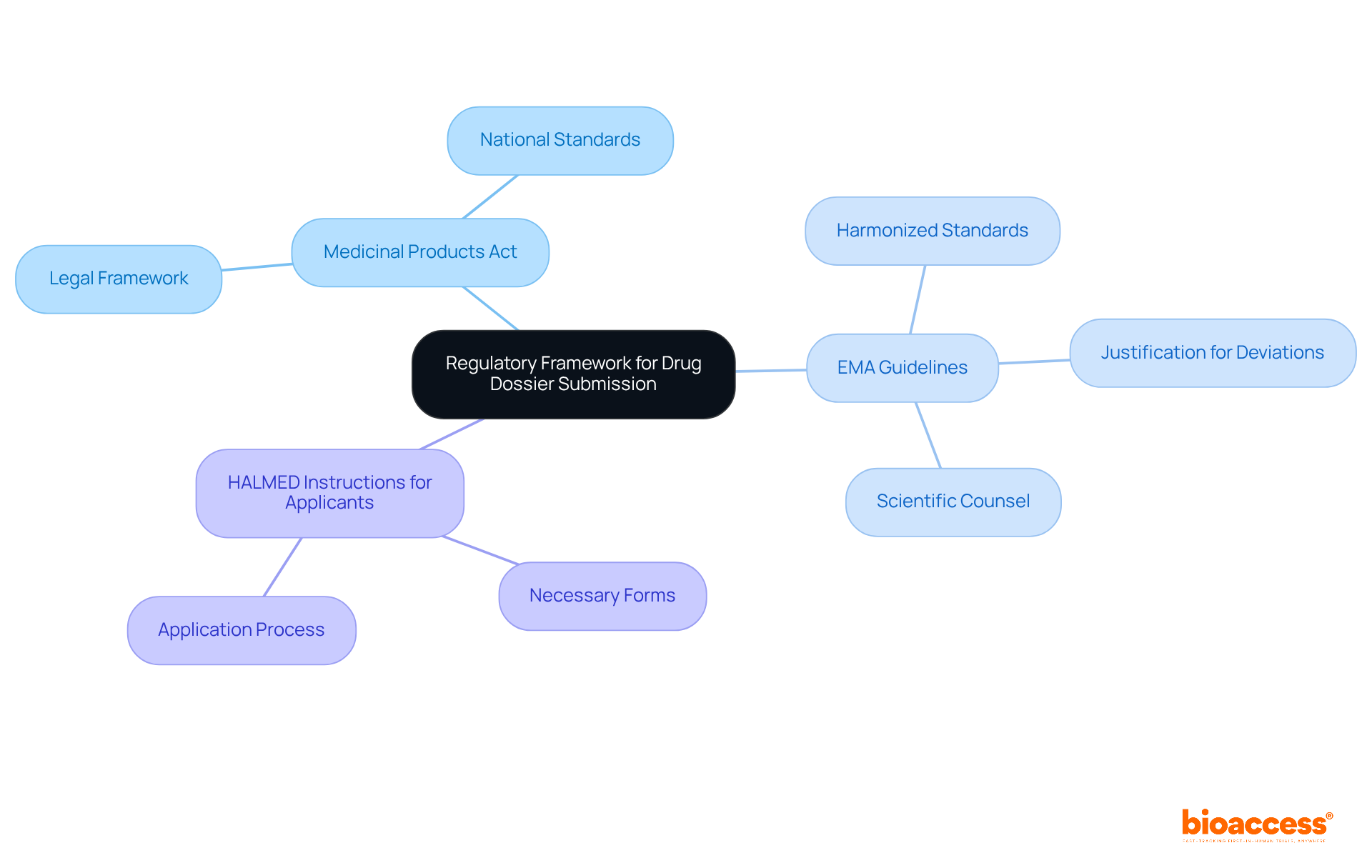 The central node represents the main topic, while the branches show key documents and guidelines that support the submission process. Each color-coded branch helps you quickly identify different areas of focus.
