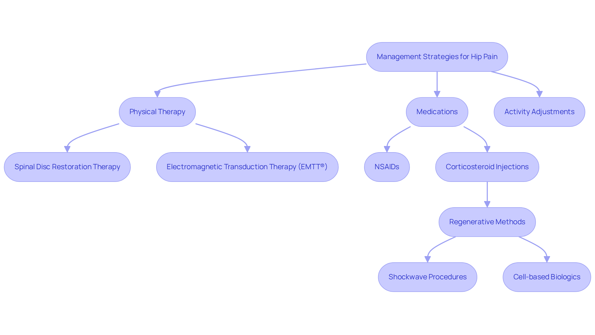 This flowchart outlines the various strategies for managing hip pain. Start at the top with the main strategies, then follow the arrows to see the specific treatments and methods available under each category.