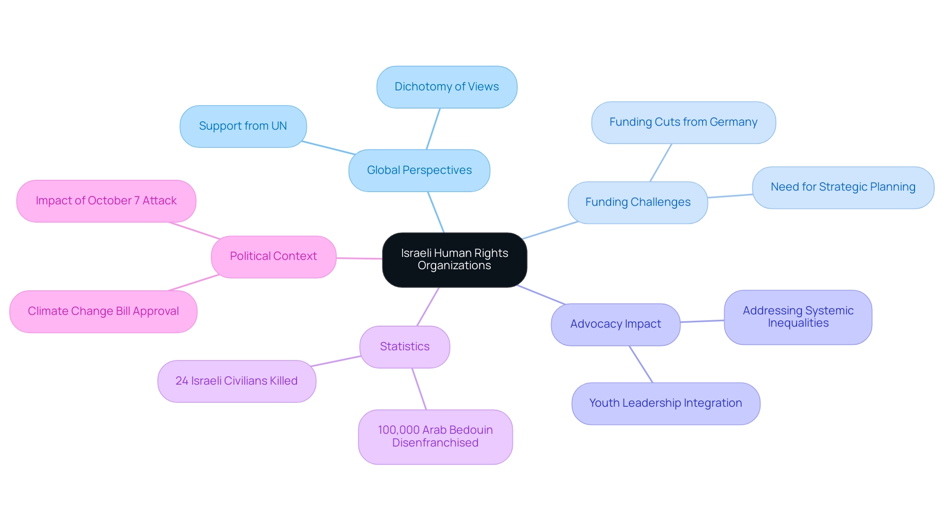 The central node represents the organizations, with branches indicating key themes like global perspectives, funding challenges, and advocacy impact, each color-coded for clarity.