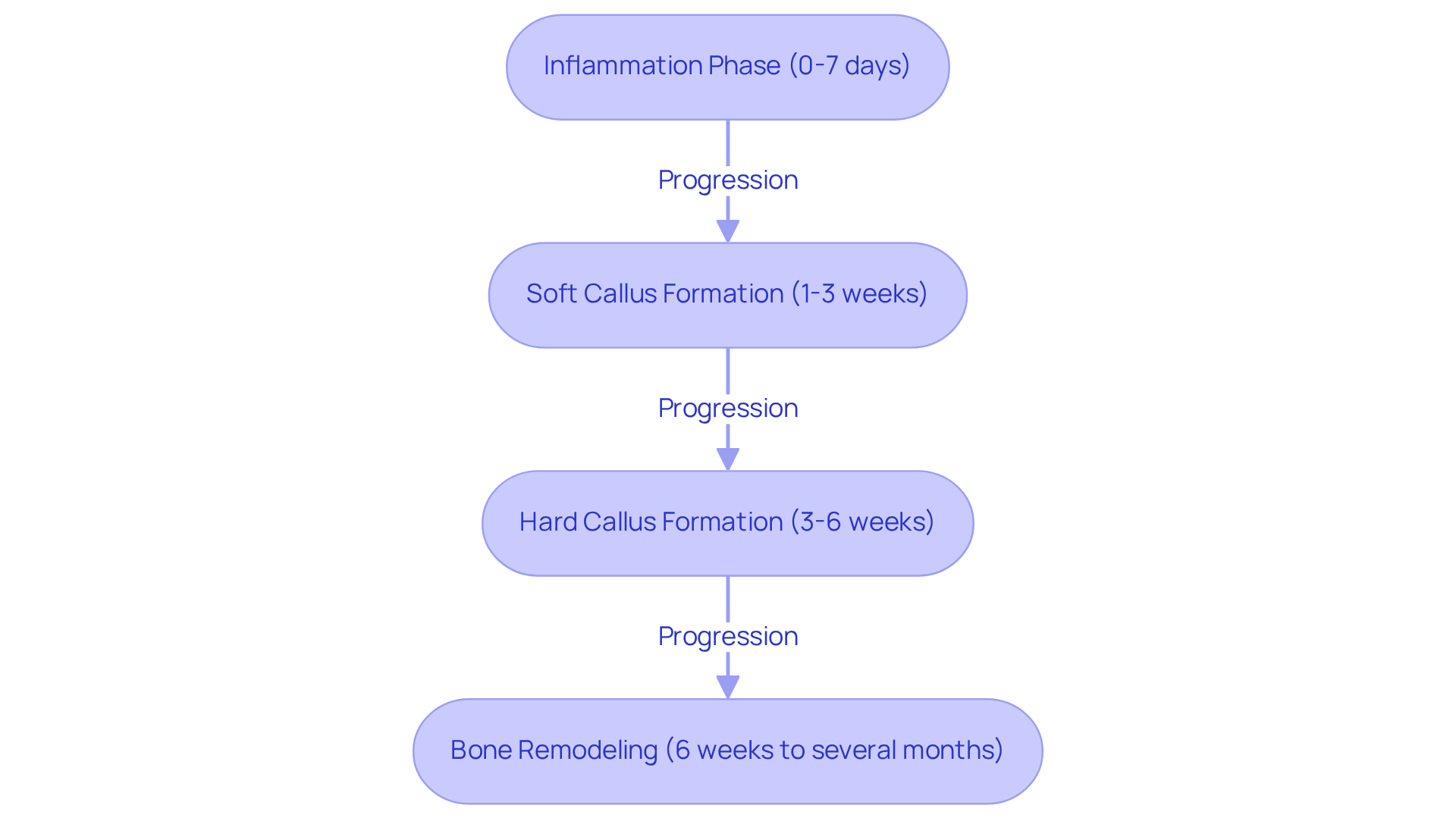 Each box represents a stage in the healing process. Follow the arrows to see how recovery progresses over time, from inflammation to full bone remodeling. Each box represents a stage in the healing process. Follow the arrows to see how recovery progresses over time, from inflammation to full bone remodeling.