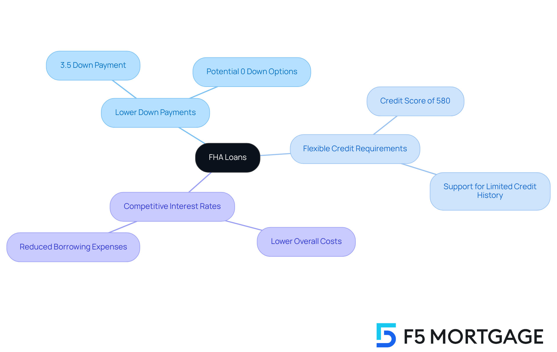 The central node represents FHA loans, while the branches illustrate key advantages. Each advantage is highlighted, showing how they contribute to making home ownership more accessible for buyers.