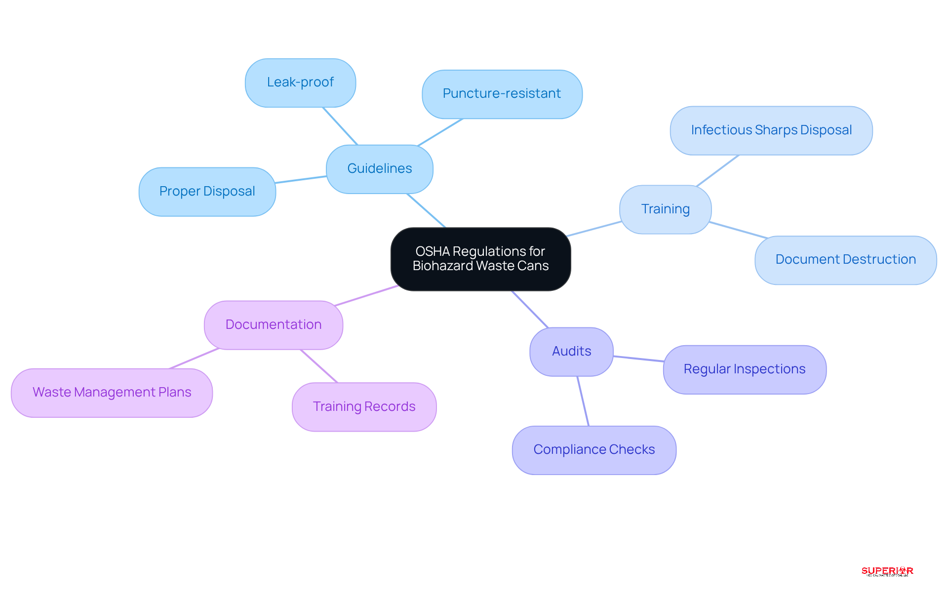 The central node represents the main topic, while the branches show the key areas of focus. Each sub-branch provides specific details related to the guidelines and training necessary for compliance.