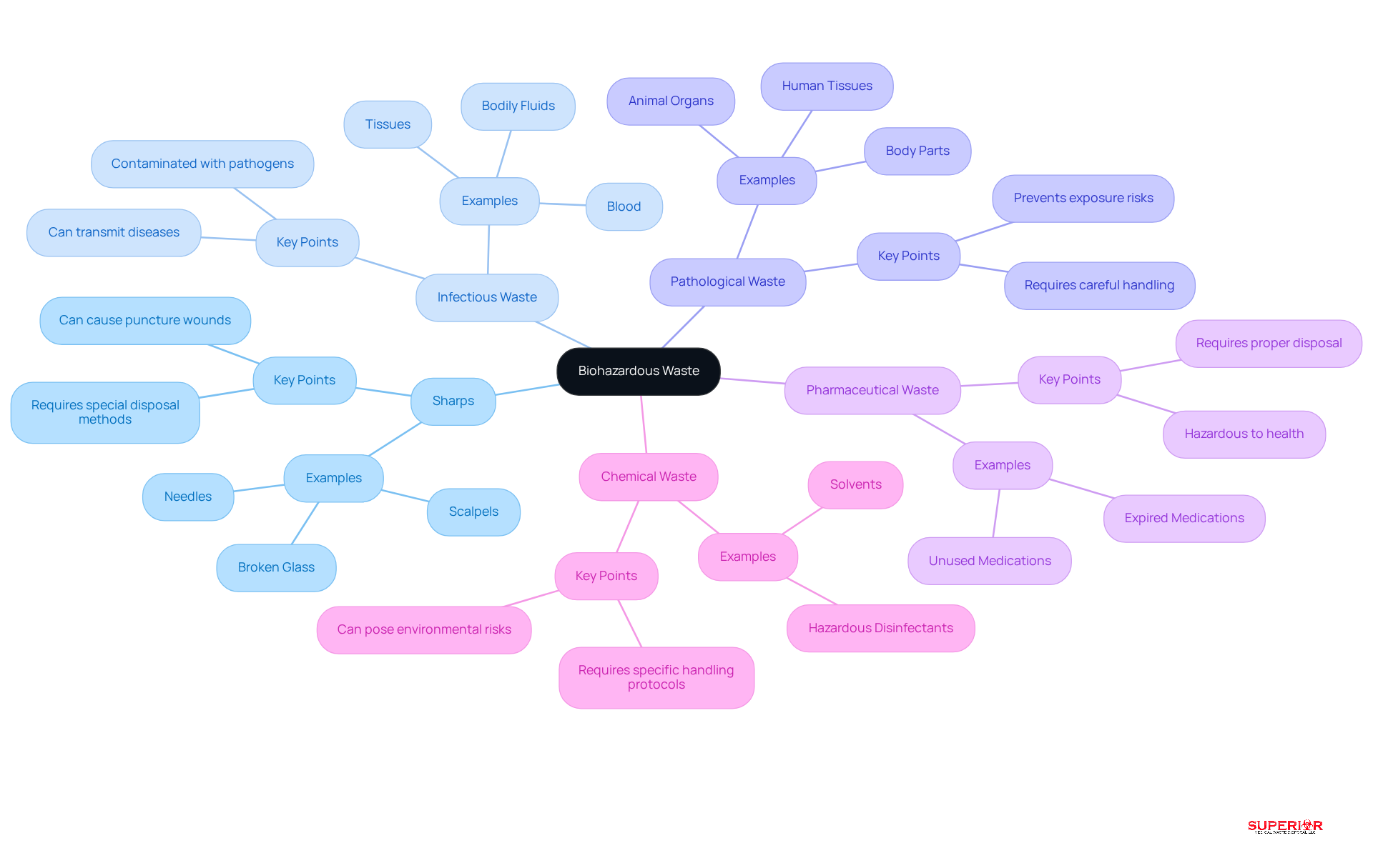 The central node represents biohazardous waste, and each branch shows a different type of waste. Follow the branches to learn about each category and its specific examples.