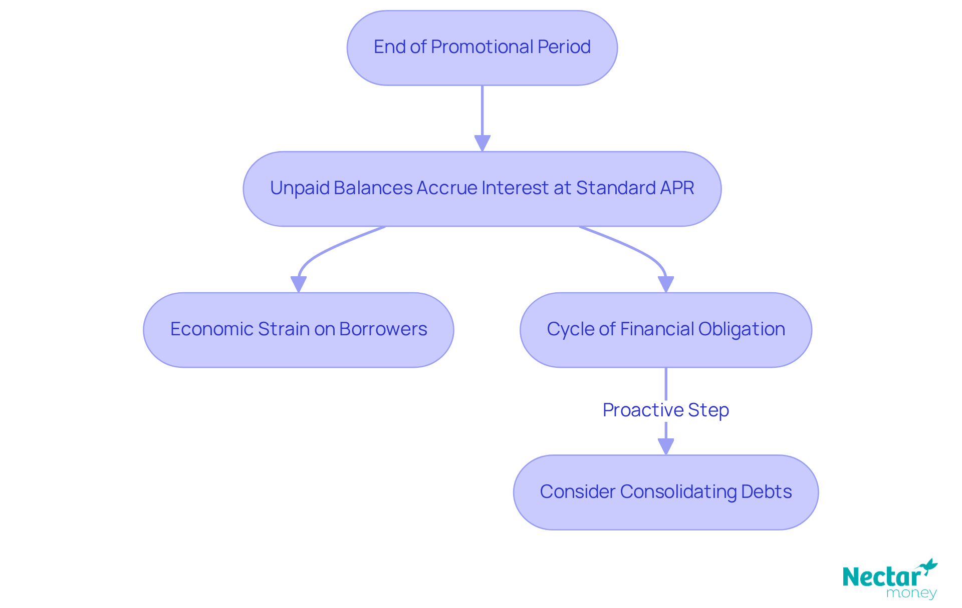 Follow the arrows to see the impact of unpaid balances after promotions. The final suggestion shows how to take control of your finances and prevent high-interest debt.