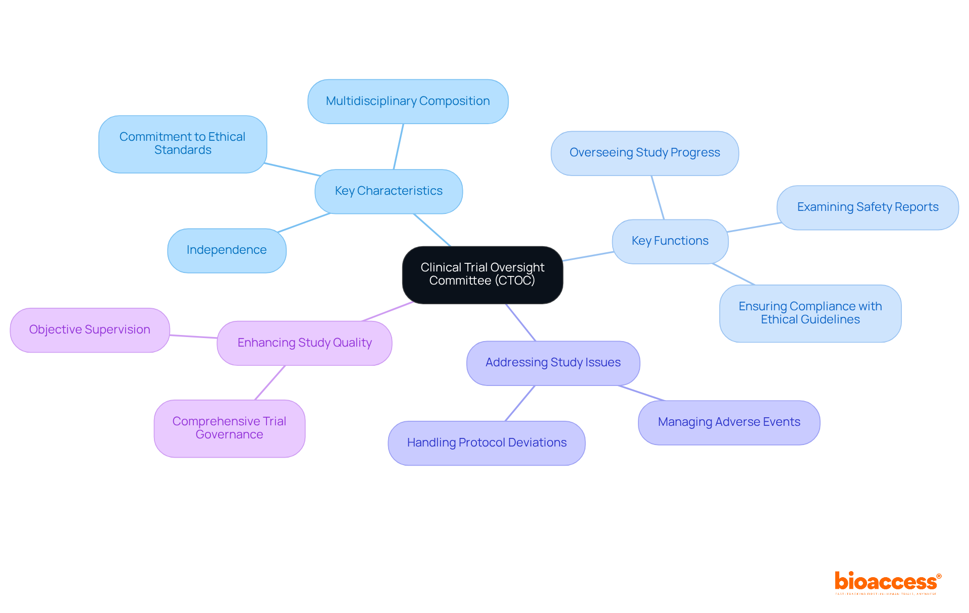 The central node represents the CTOC, while the branches show its key characteristics and functions. Each color-coded branch helps you quickly identify different aspects of the committee's role.