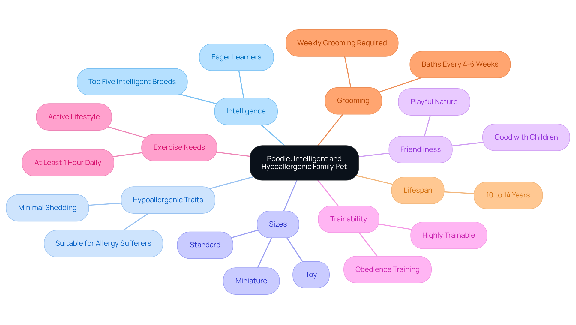 The center of the mindmap shows the main idea—Poodles as family pets. The branches represent key traits and qualities, helping you understand how each one contributes to the overall picture of why Poodles are great companions.