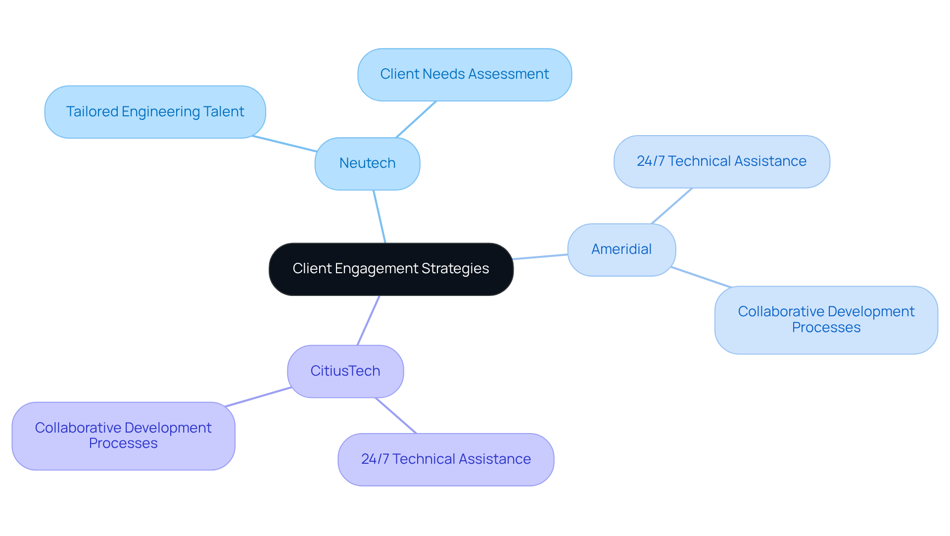 The central node represents the overall topic, while each branch shows a different company's approach. Sub-branches detail specific strategies, helping you see how each company engages with clients.