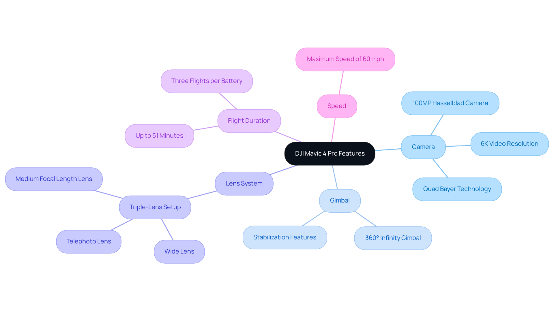 The central node represents the drone model, while the branches show its main features. Each sub-branch provides more details about those features, helping you understand what makes this drone stand out.