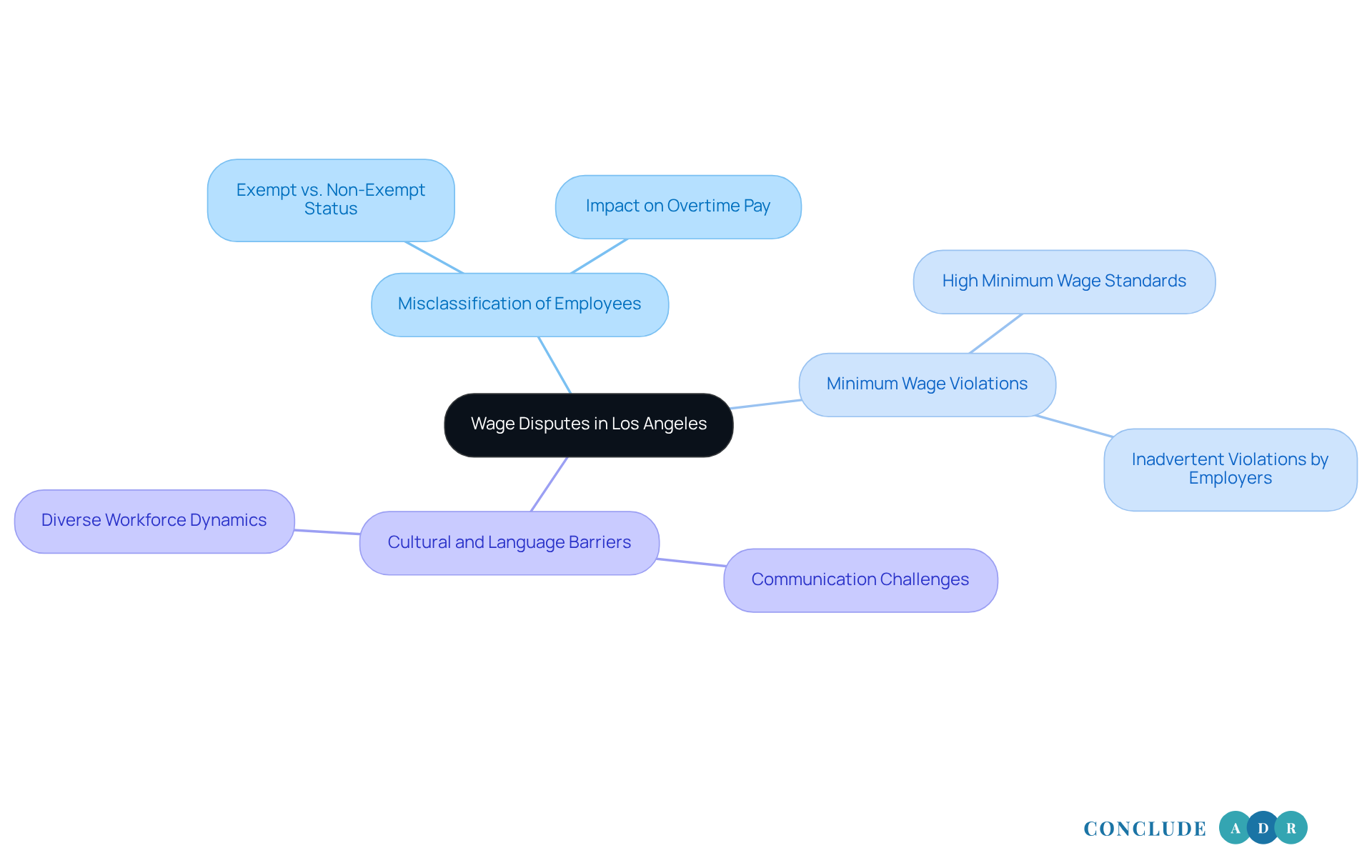 The central node represents the main topic of wage disputes, while the branches illustrate specific challenges that contribute to these disputes. Each branch highlights a unique aspect of the issue, helping you see the bigger picture.