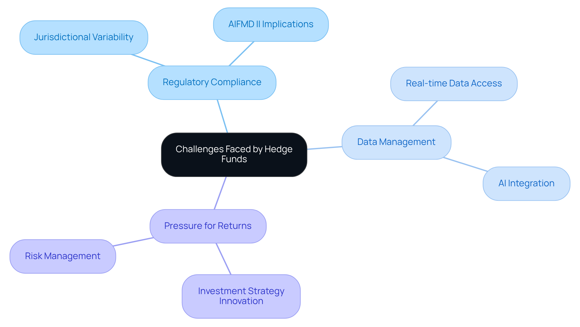The central node represents the overall theme of hedge fund challenges, while the branches illustrate specific areas of concern. Each color-coded branch helps you quickly identify different categories and their related issues.