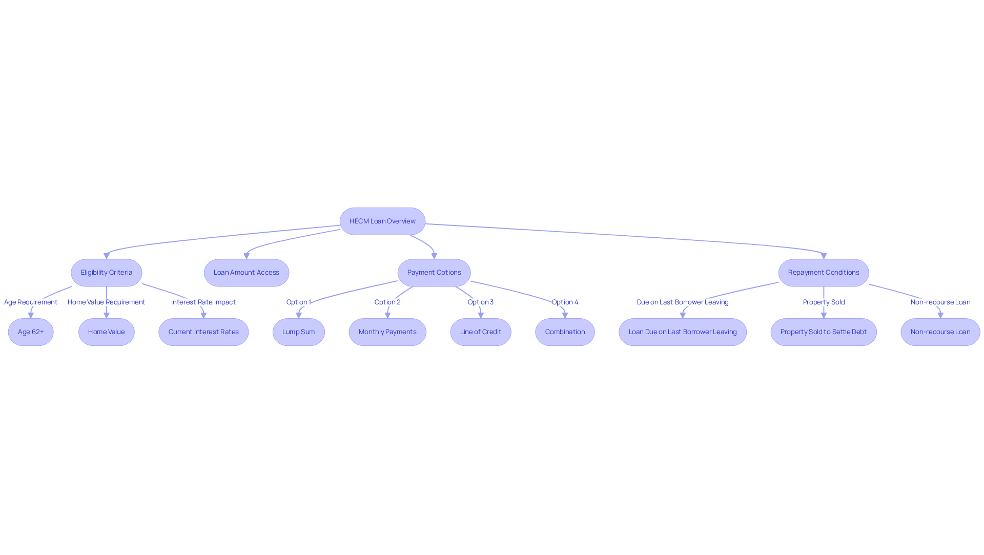 This flowchart helps you navigate the process of obtaining a HECM loan. Start at the top with the overview, then follow the arrows to explore eligibility, how much you can access, your payment options, and what happens when it's time to repay the loan. Each step is designed to guide you through the important decisions and information you need to know.