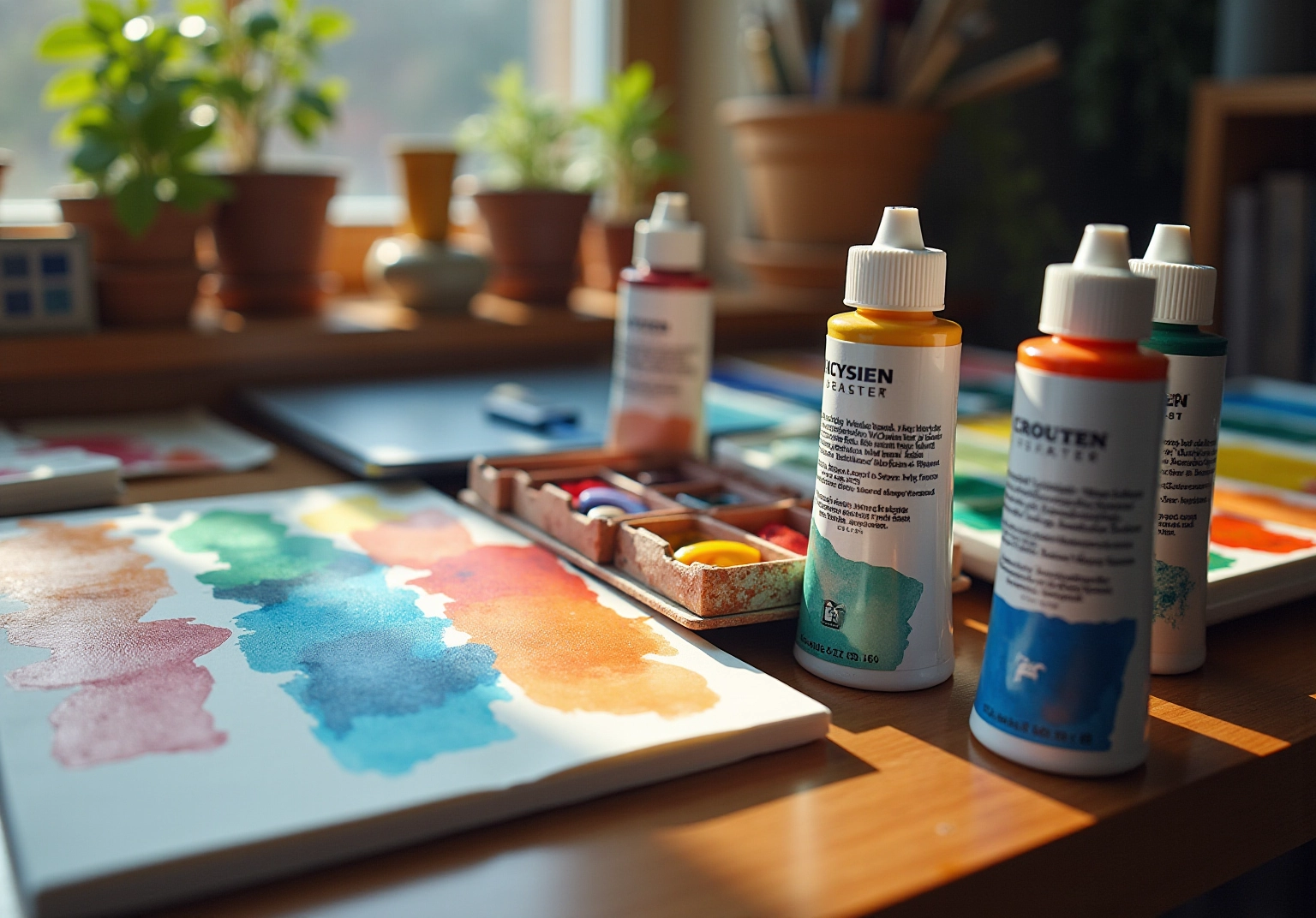 Exploring Watercolor Paints in an Artist's Workspace Exploring Watercolor Paints in an Artist's Workspace