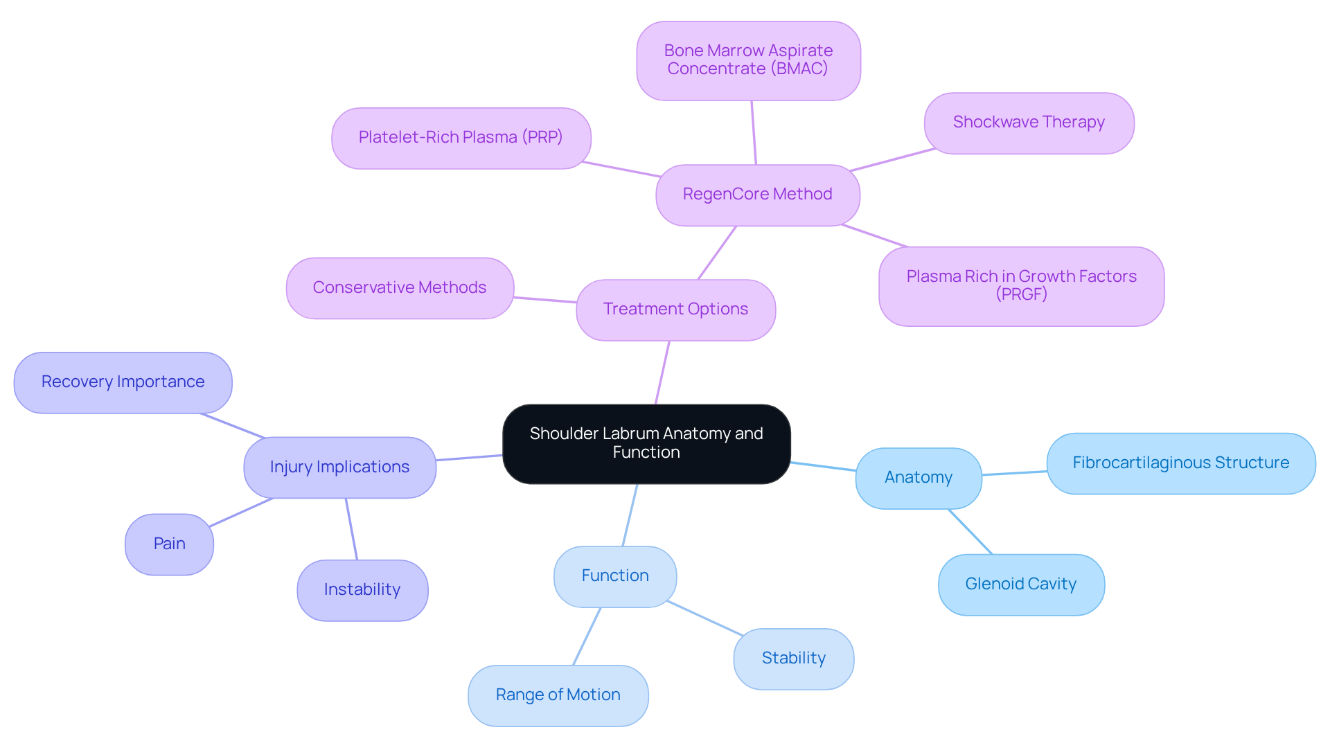 This mindmap starts with the central idea of shoulder labrum anatomy and function. Each branch represents a key area of understanding, from the structure and function of the labrum to the implications of injuries and various treatment options. Follow the branches to explore how these concepts connect and support each other.