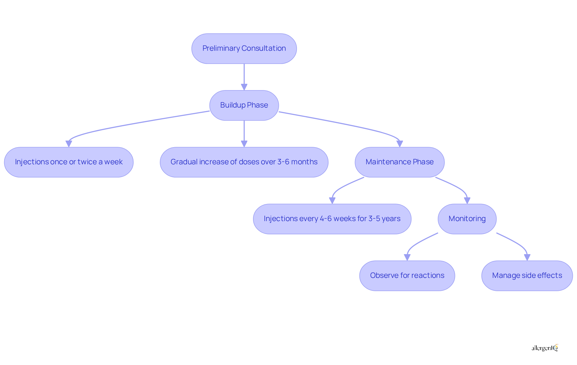Follow the arrows to see each step in the allergy shot process, from the initial consultation to ongoing monitoring. Each box represents a key phase, and the sub-boxes provide additional details about what happens during that phase.