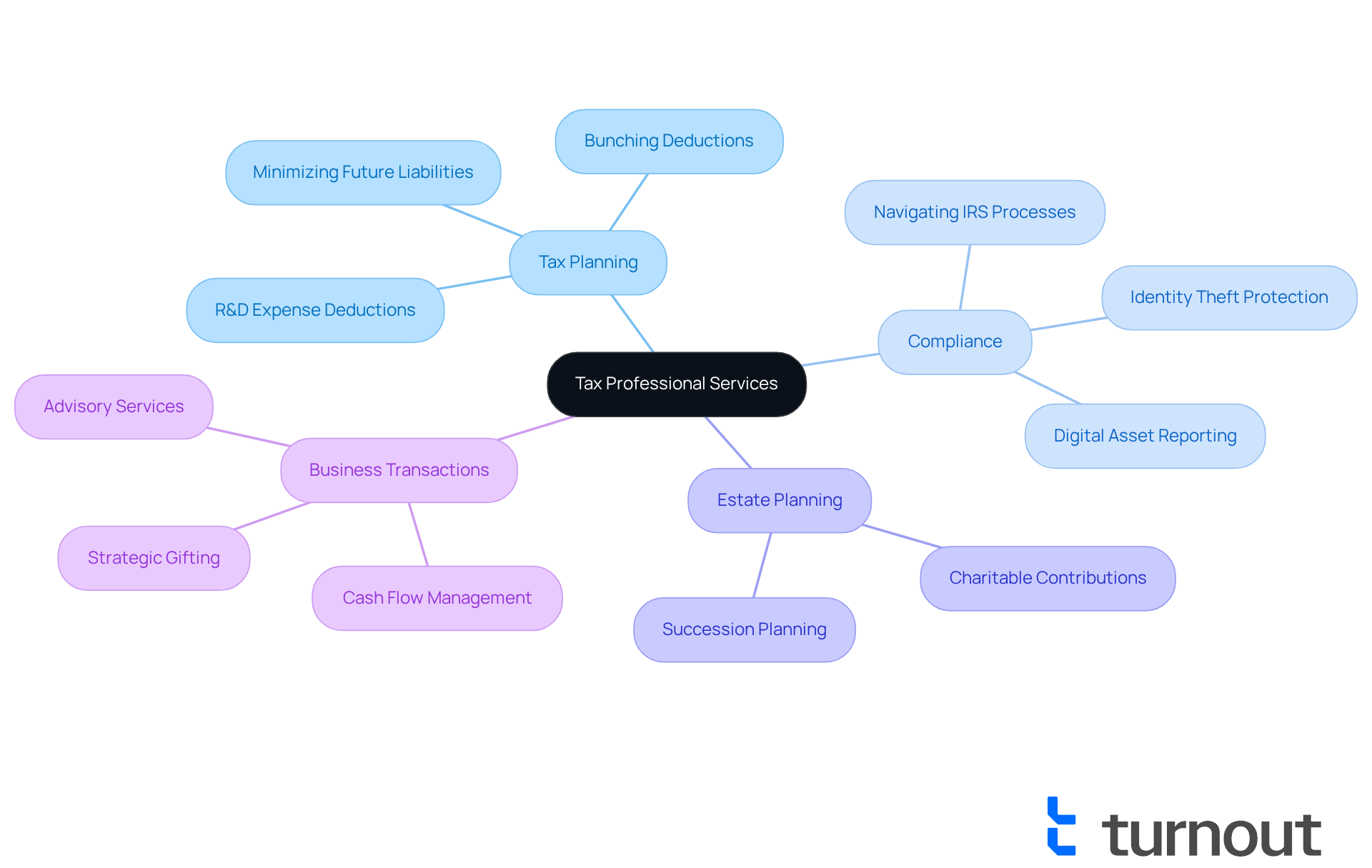 The central node represents the overall services of tax professionals, while each branch shows a different area of expertise. Follow the branches to discover the specific services available in each category.