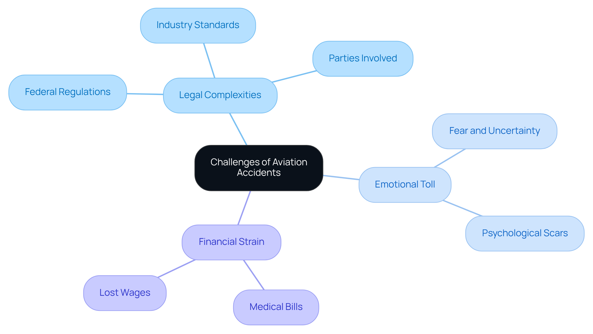 This mindmap illustrates the various challenges faced by victims of aviation accidents. Start at the center with the main theme, then explore the branches to see the legal, emotional, and financial issues that intertwine, along with the importance of legal support.