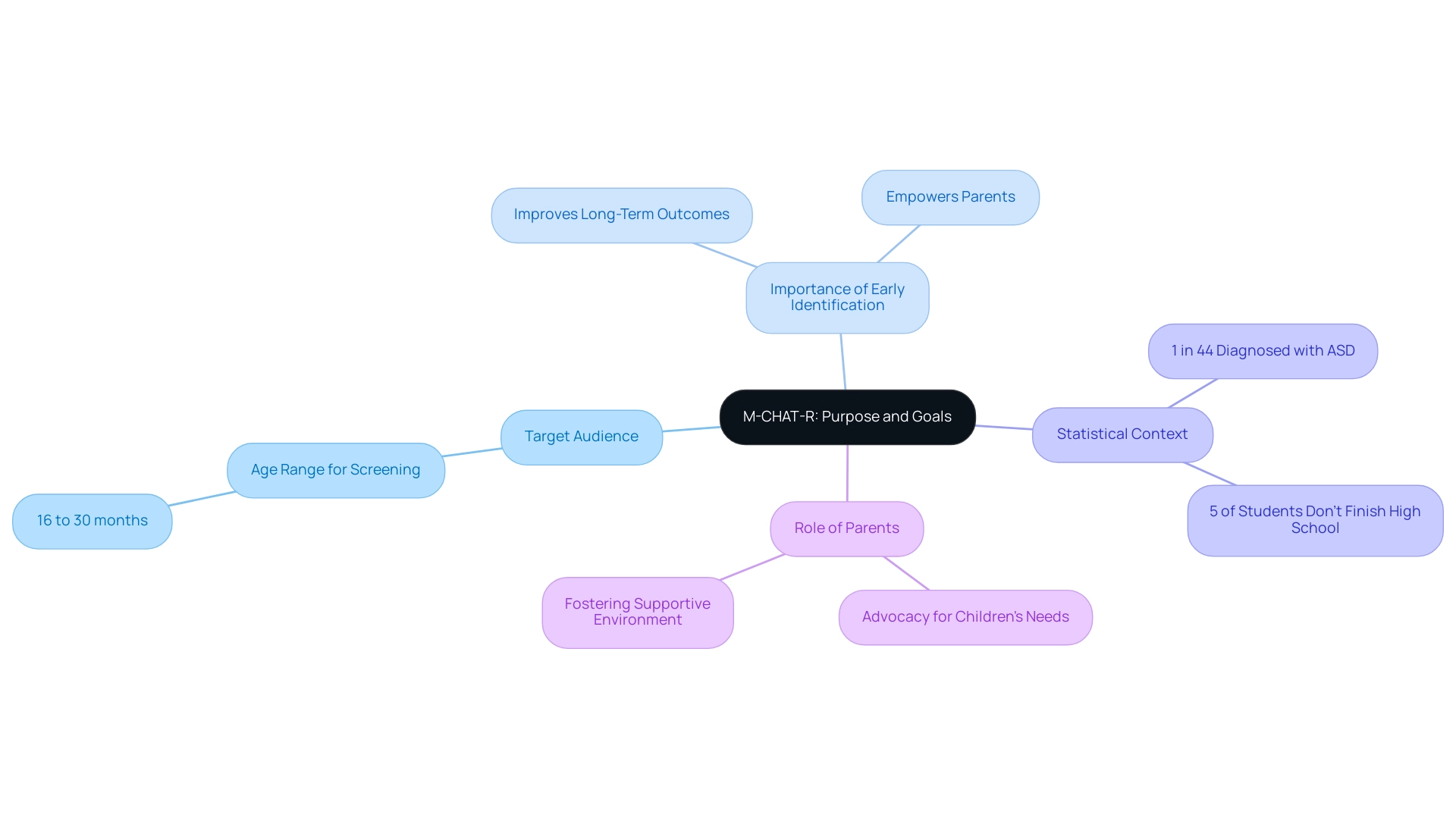 The central node represents the M-CHAT-R, with branches indicating the target audience, importance, statistics, and parent roles, each colored differently for clarity.