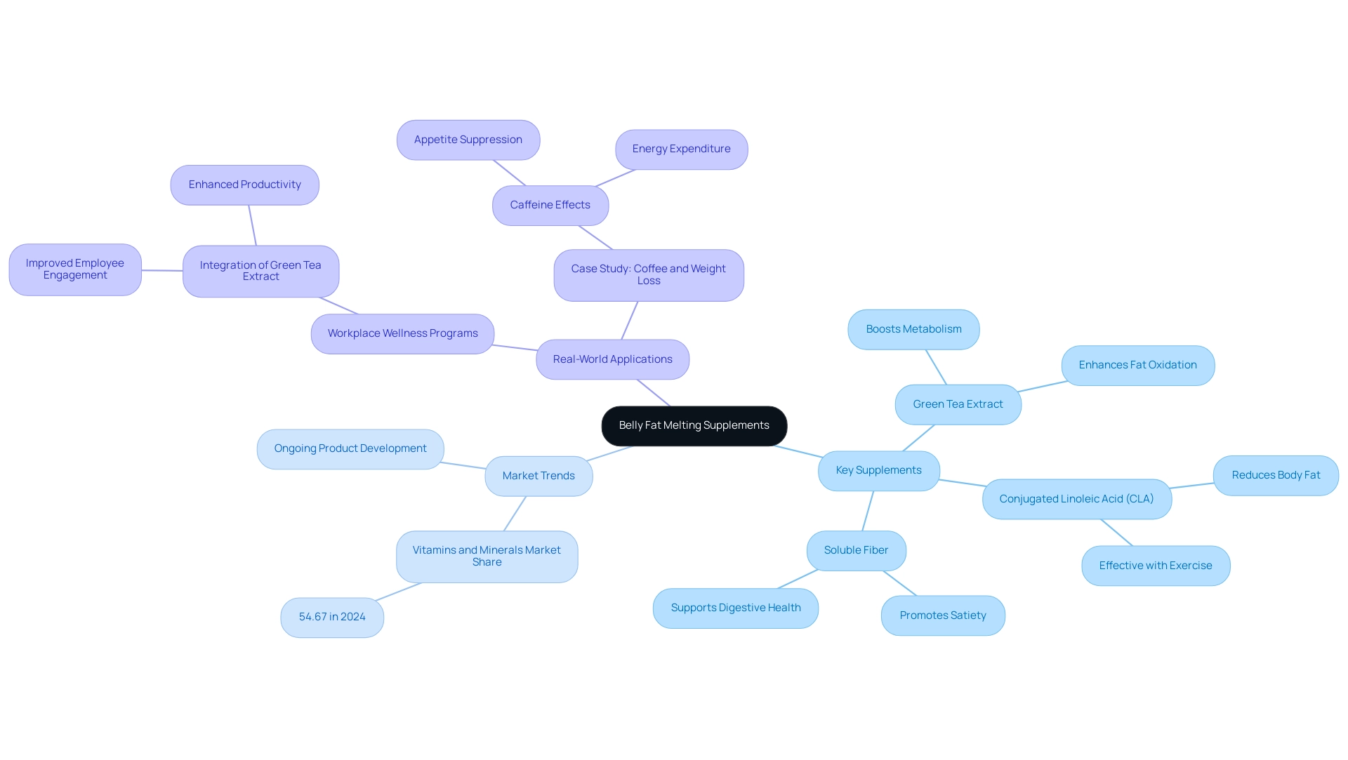 Central node represents the overall theme; branches indicate key supplements, market trends, and applications in wellness programs, color-coded for easy identification.