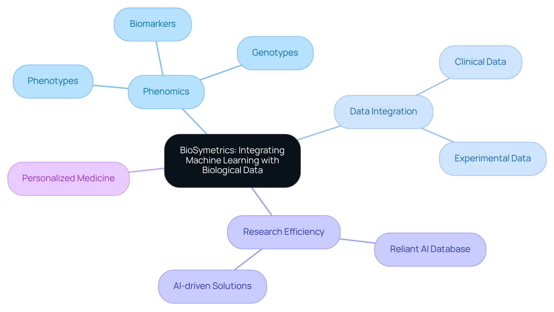 The central node represents BioSymetrics' innovative approach, while branches show key areas of focus like phenomics and personalized medicine. Each sub-branch provides more detail on how these elements contribute to drug development.