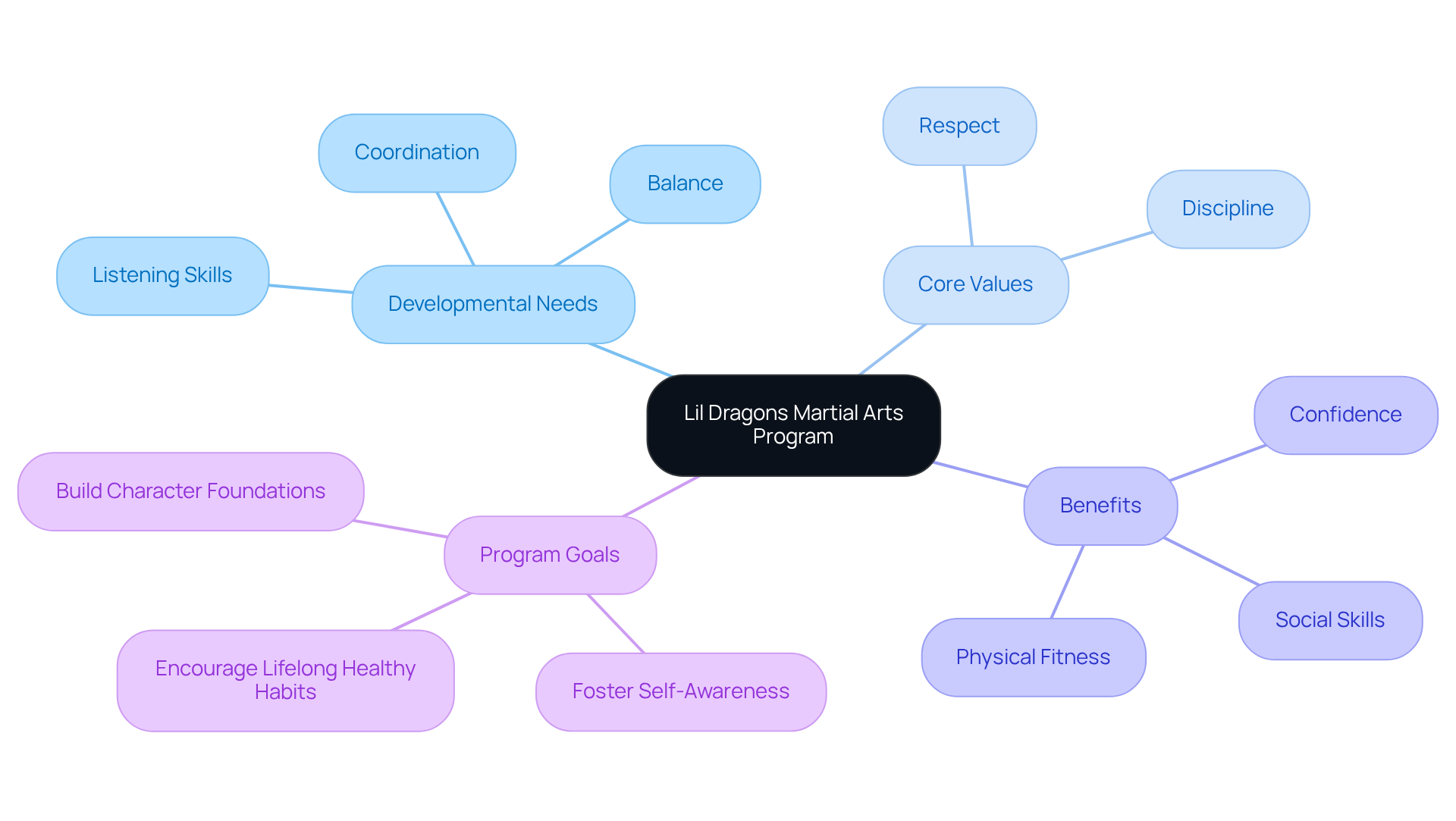 The center represents the program, with branches showing how it supports children's growth in various areas. Each branch highlights important aspects that contribute to a child's development through martial arts.