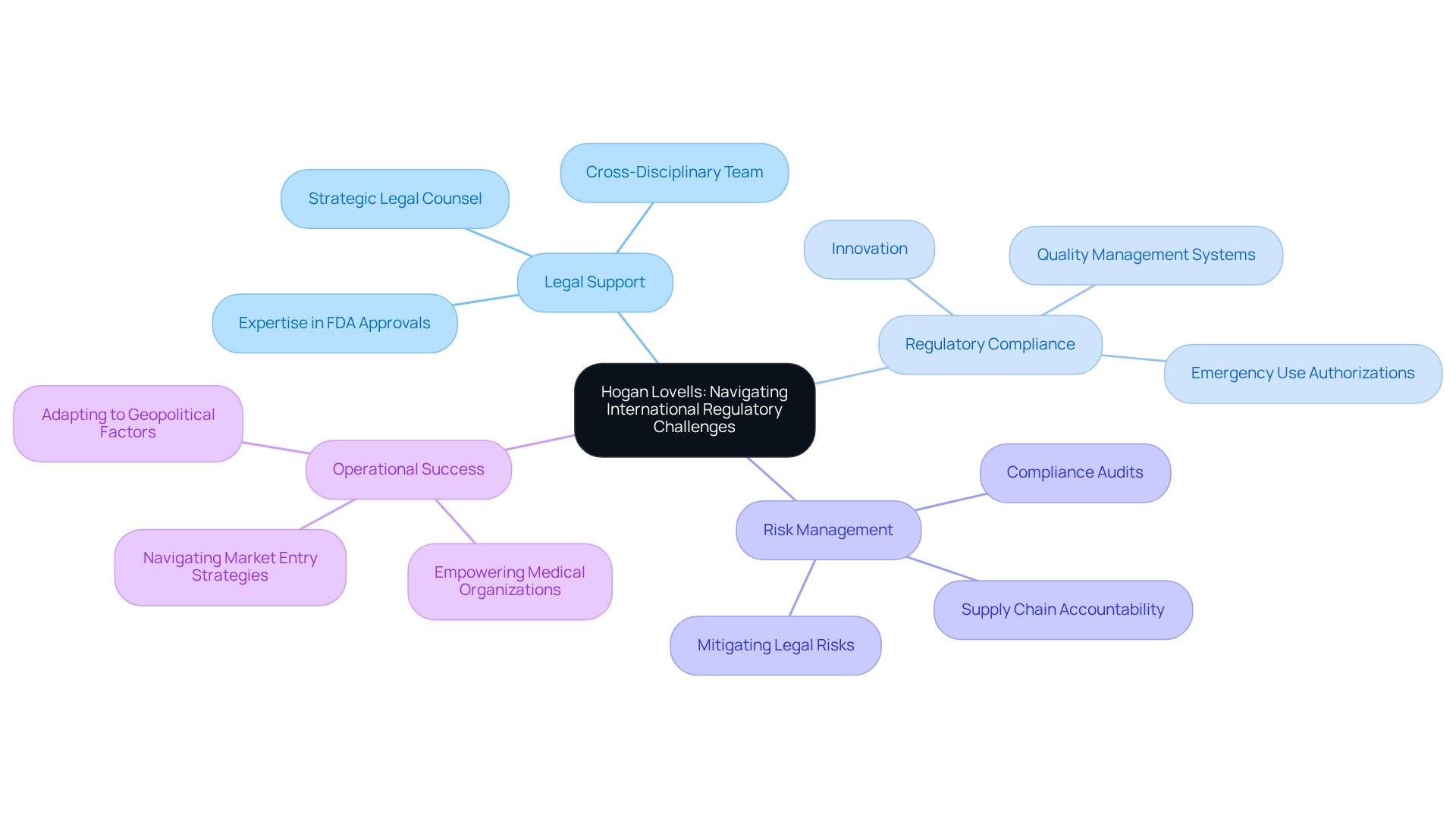 The central node represents Hogan Lovells, while the branches show how they assist medical organizations. Each branch highlights a key area of support, illustrating the interconnected nature of legal guidance and operational success.