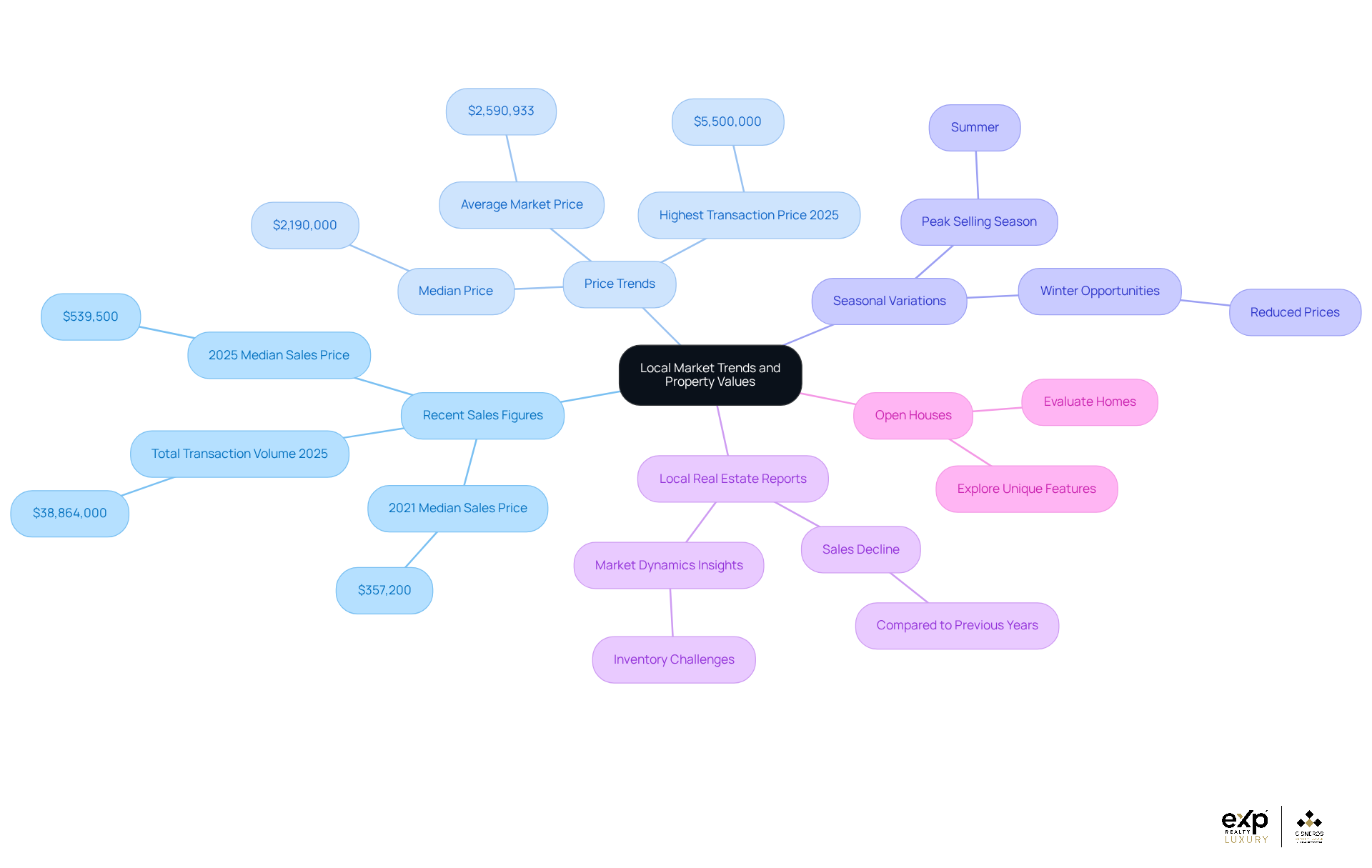 The center represents the overall topic, and each branch shows a different aspect of the market. Follow the branches to explore details about sales figures, pricing, seasonal effects, and strategies for buyers.