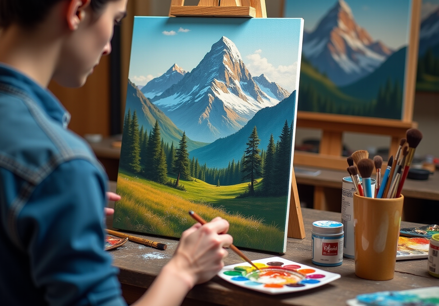 Artist Painting a Mountain Scene Artist Painting a Mountain Scene