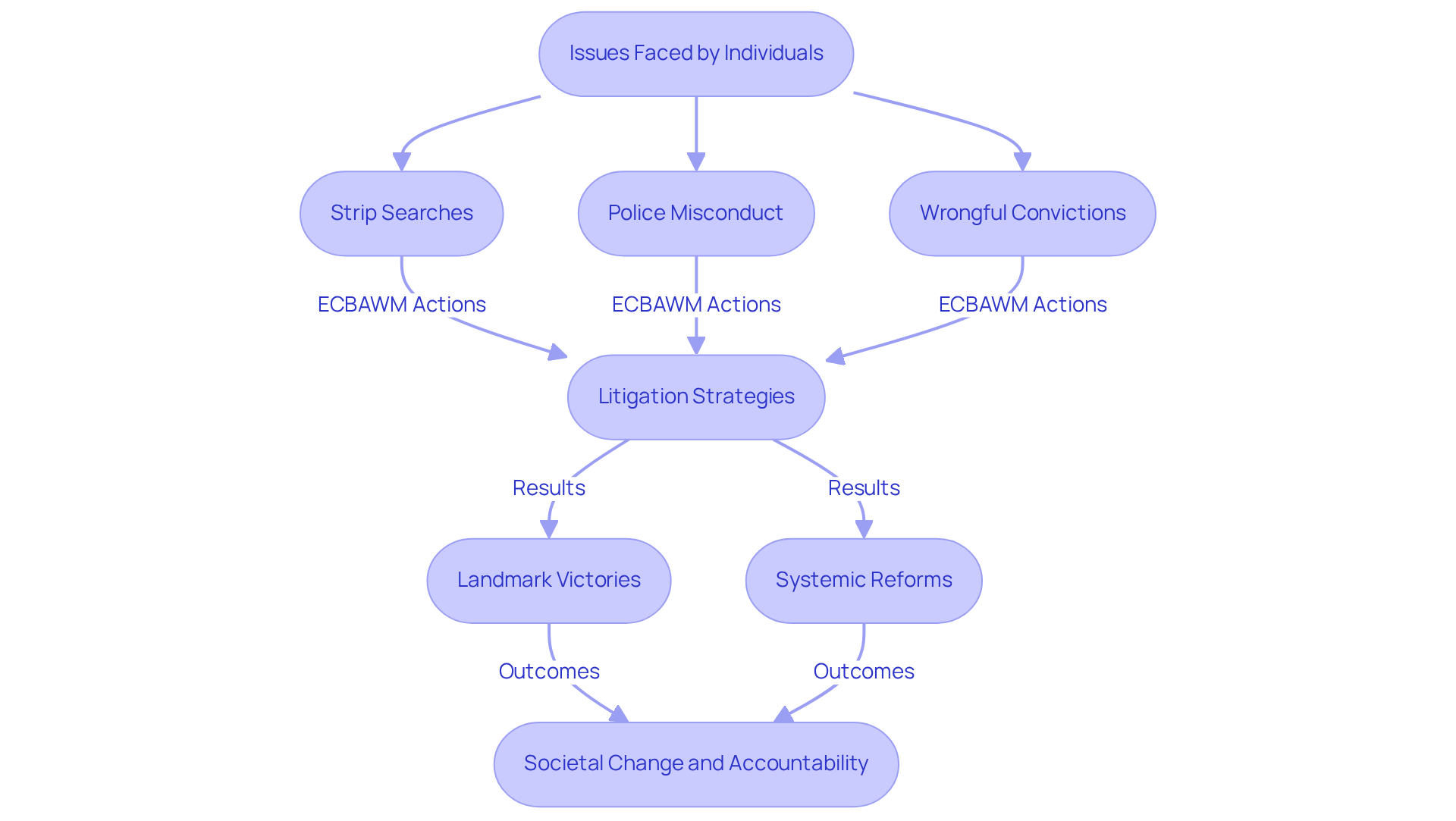 This flowchart illustrates the journey from the issues faced by individuals to the actions taken by ECBAWM and the resulting societal changes. Each box represents a key component of the process, showing how the firm addresses injustices and drives accountability.