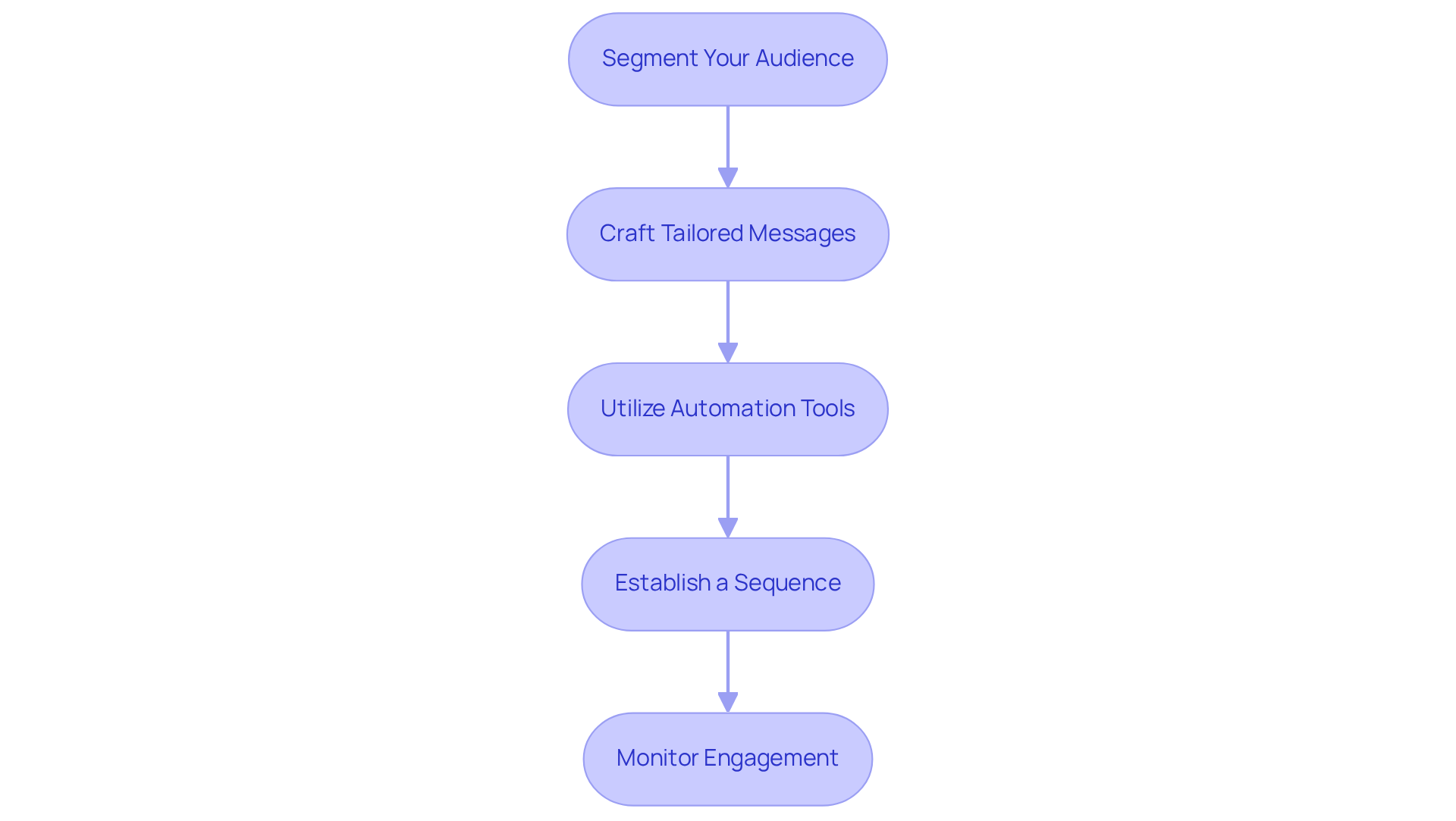Each box represents a step in the process of creating personalized messaging. Follow the arrows to see how to move from one step to the next, starting from audience segmentation all the way to monitoring engagement.