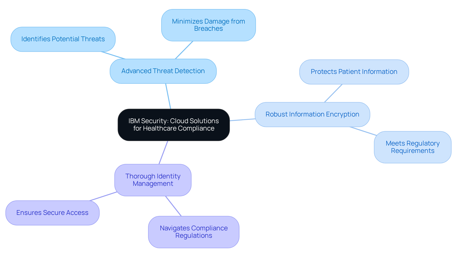 The central node represents IBM Security's focus on healthcare compliance, while the branches show the key services and their roles in protecting patient information and meeting regulatory requirements.