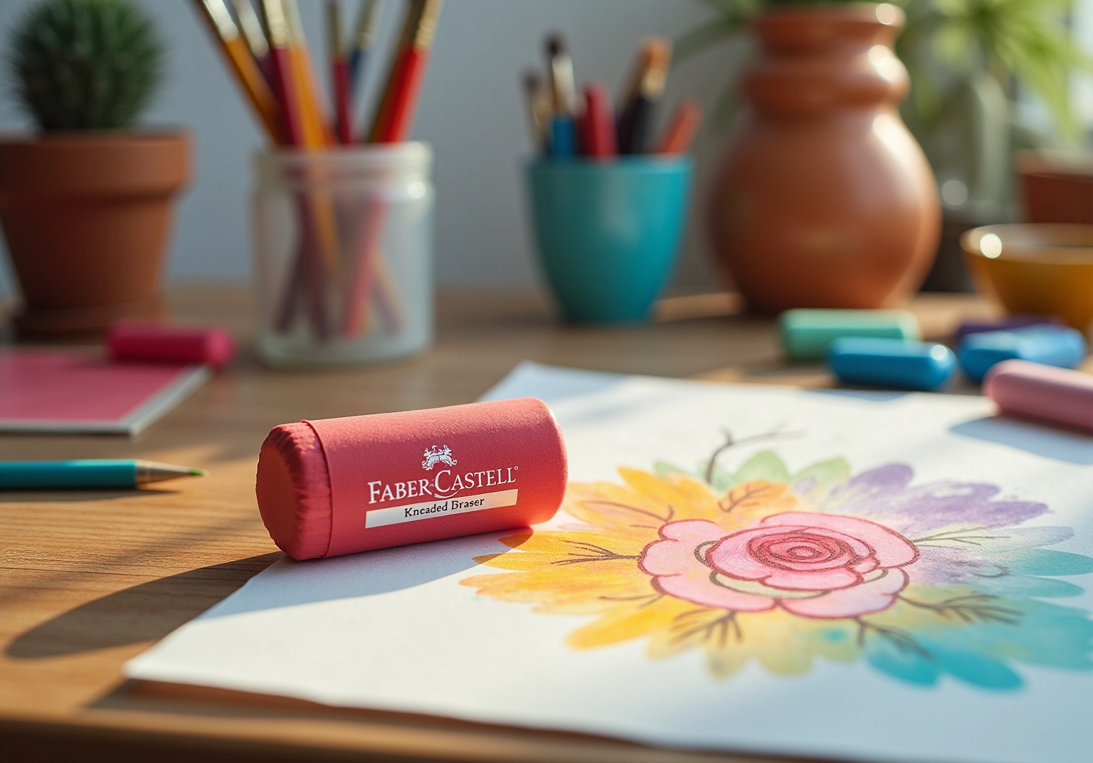 Faber-Castell Kneaded Eraser in an Artist's Workspace Faber-Castell Kneaded Eraser in an Artist's Workspace