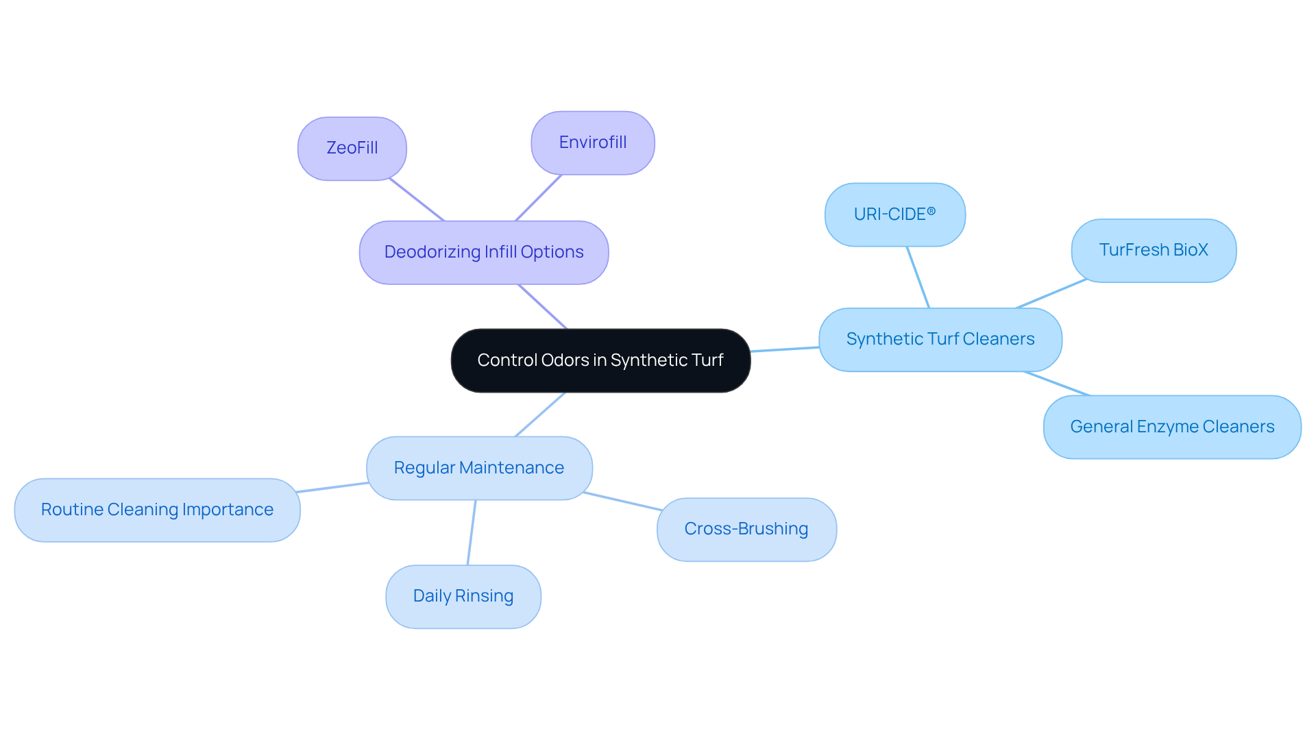 The central node represents the main goal of controlling odors, while the branches show different methods and products that can help achieve this. Each color-coded branch makes it easy to follow the various strategies. The central node represents the main goal of controlling odors, while the branches show different methods and products that can help achieve this. Each color-coded branch makes it easy to follow the various strategies.