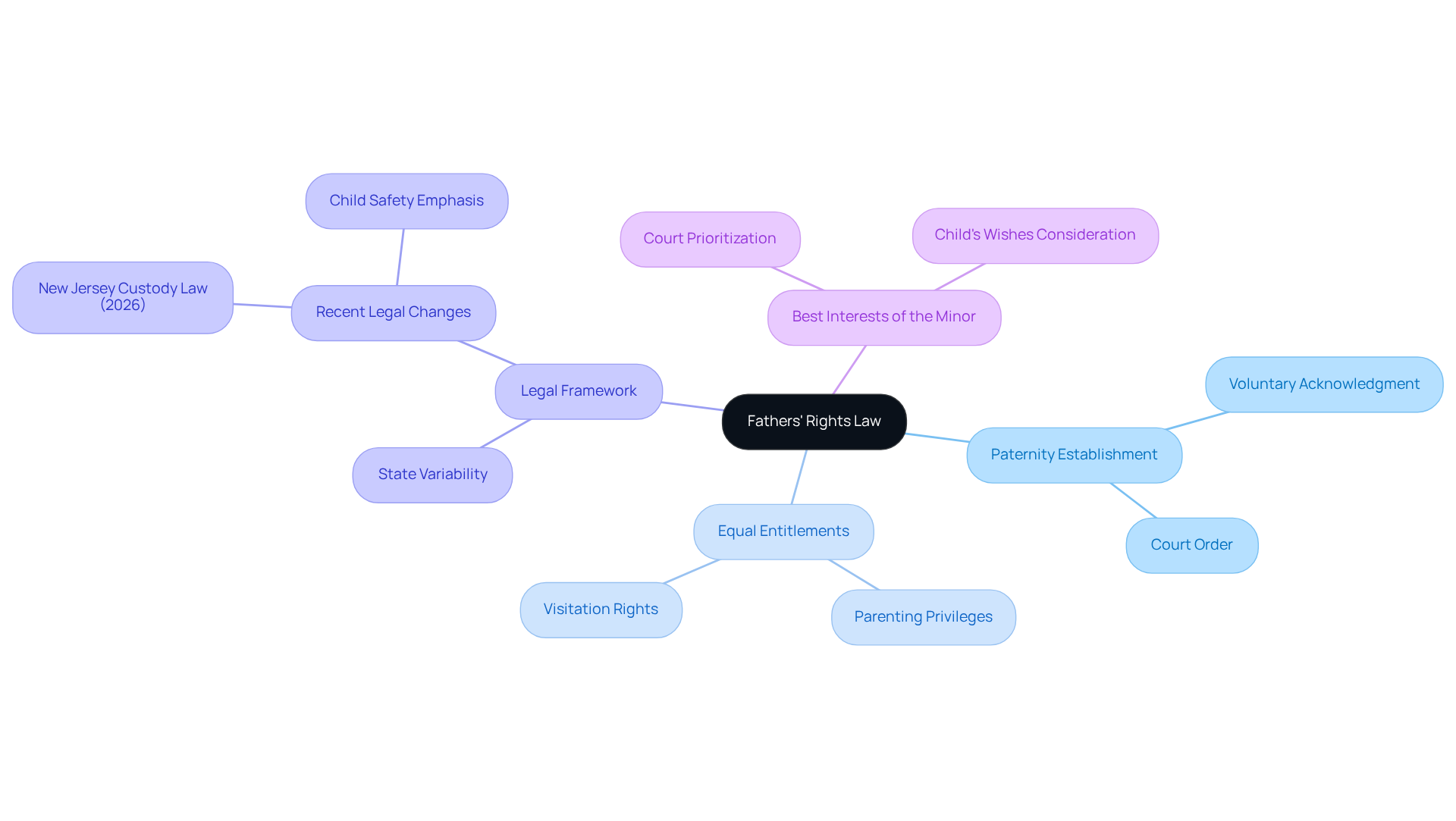 This mindmap starts with the central theme of fathers' rights law and branches out into key areas that every father should know. Each branch represents a crucial aspect of the law, helping you see how they relate to one another and to your rights as a father.