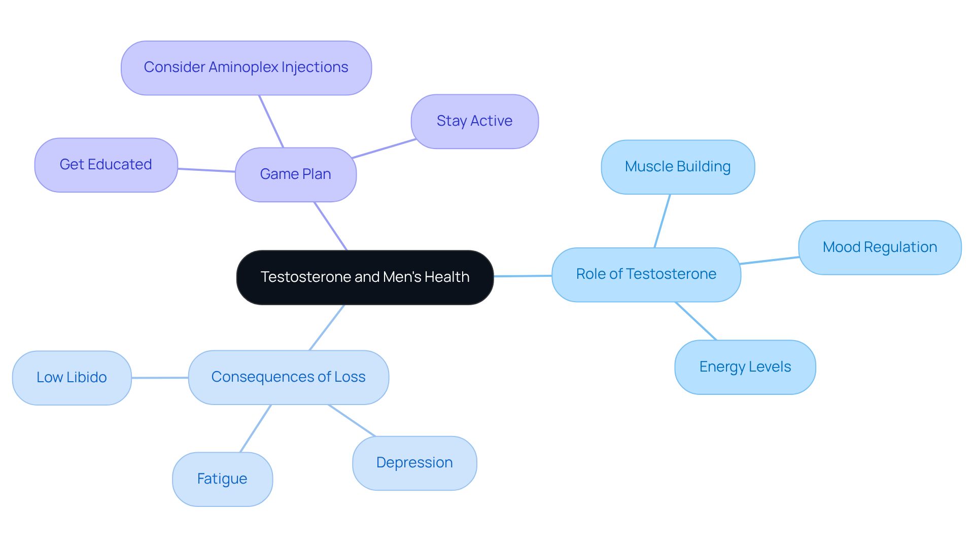 The central node represents testosterone, while the branches show its importance, the effects of its loss, and steps you can take to manage your health. Follow the branches to explore each topic!